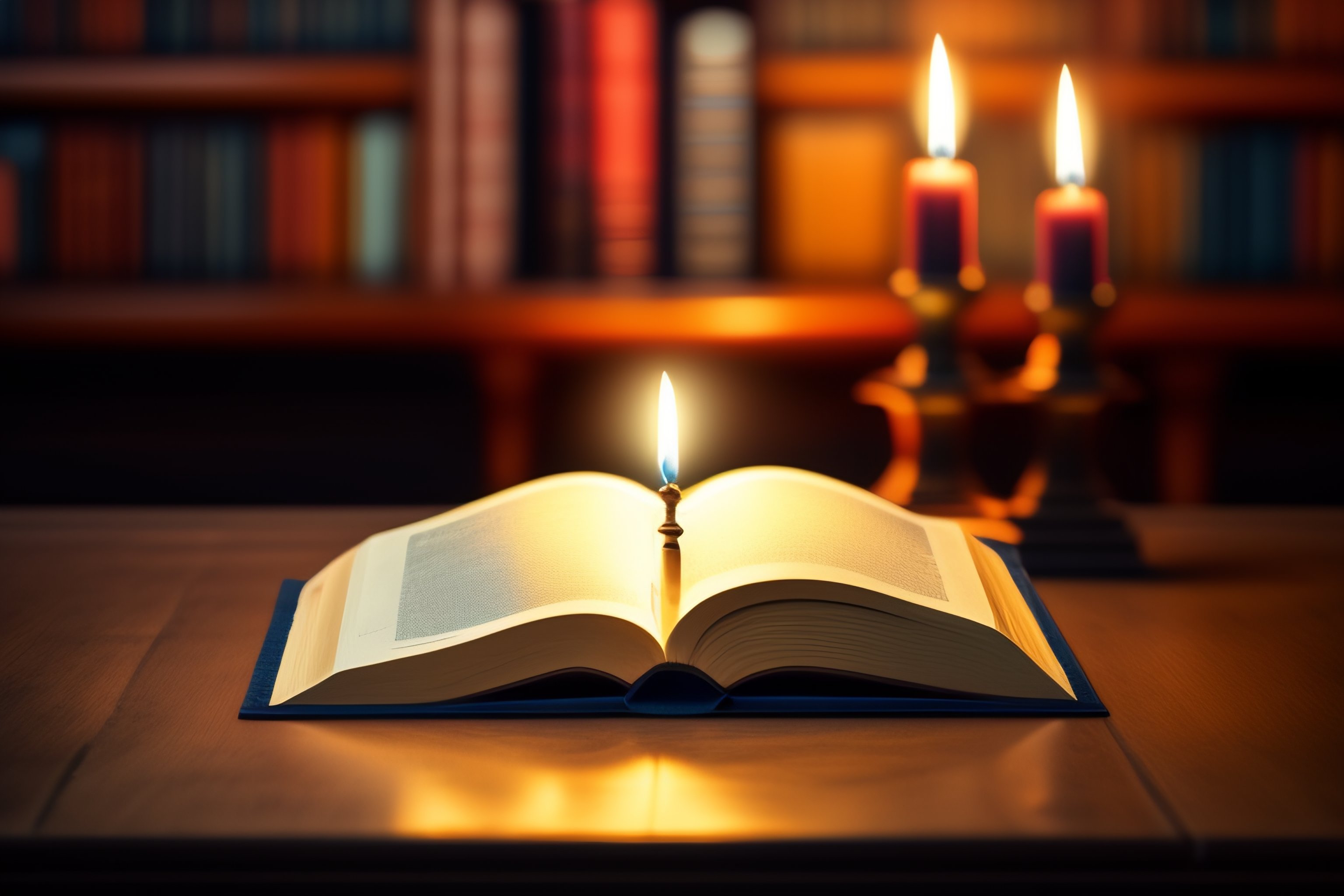 Lexica - Open book with candles on a pedestal inside a huge library