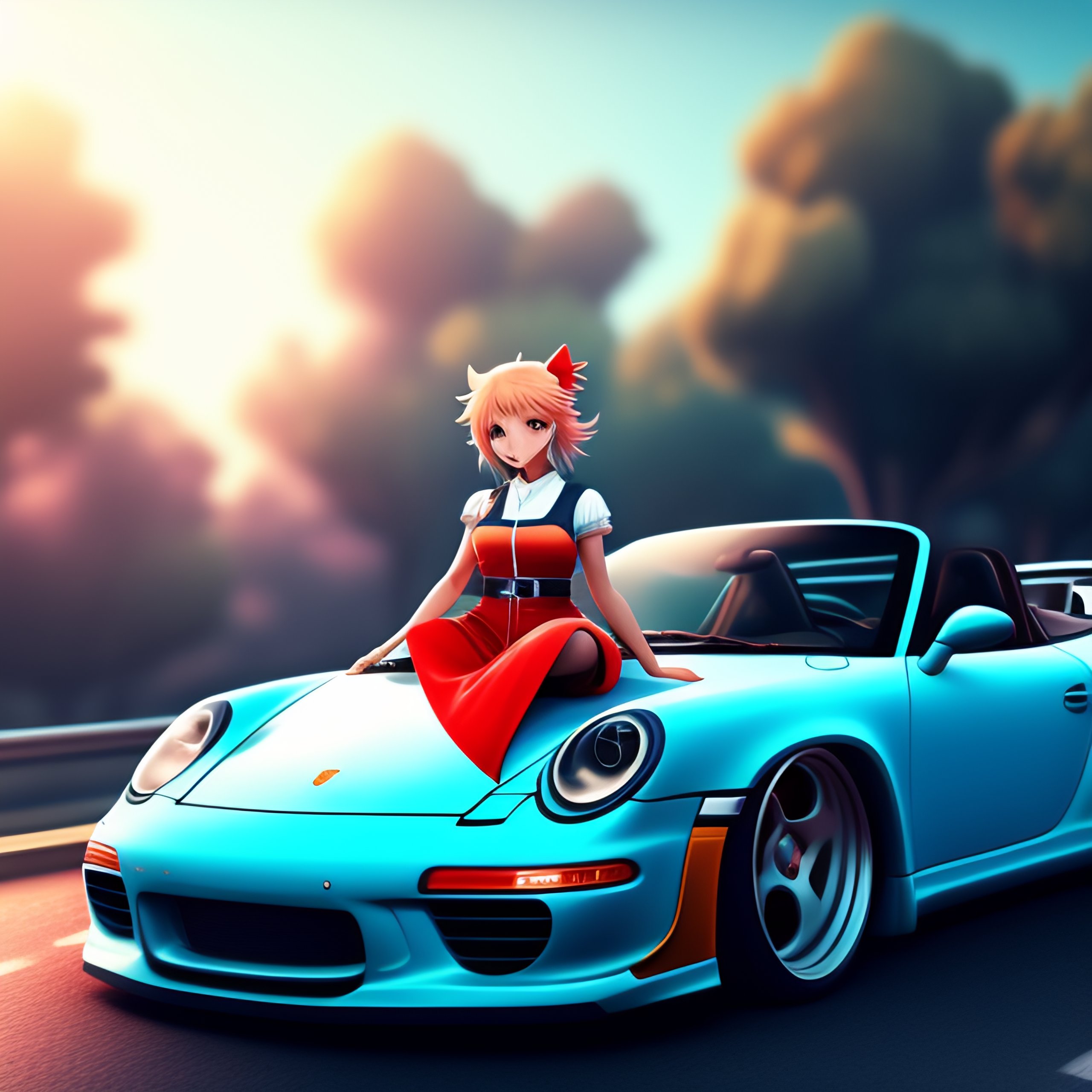 Lexica - A girl in a red vest sitting on the hood of a light blue ...