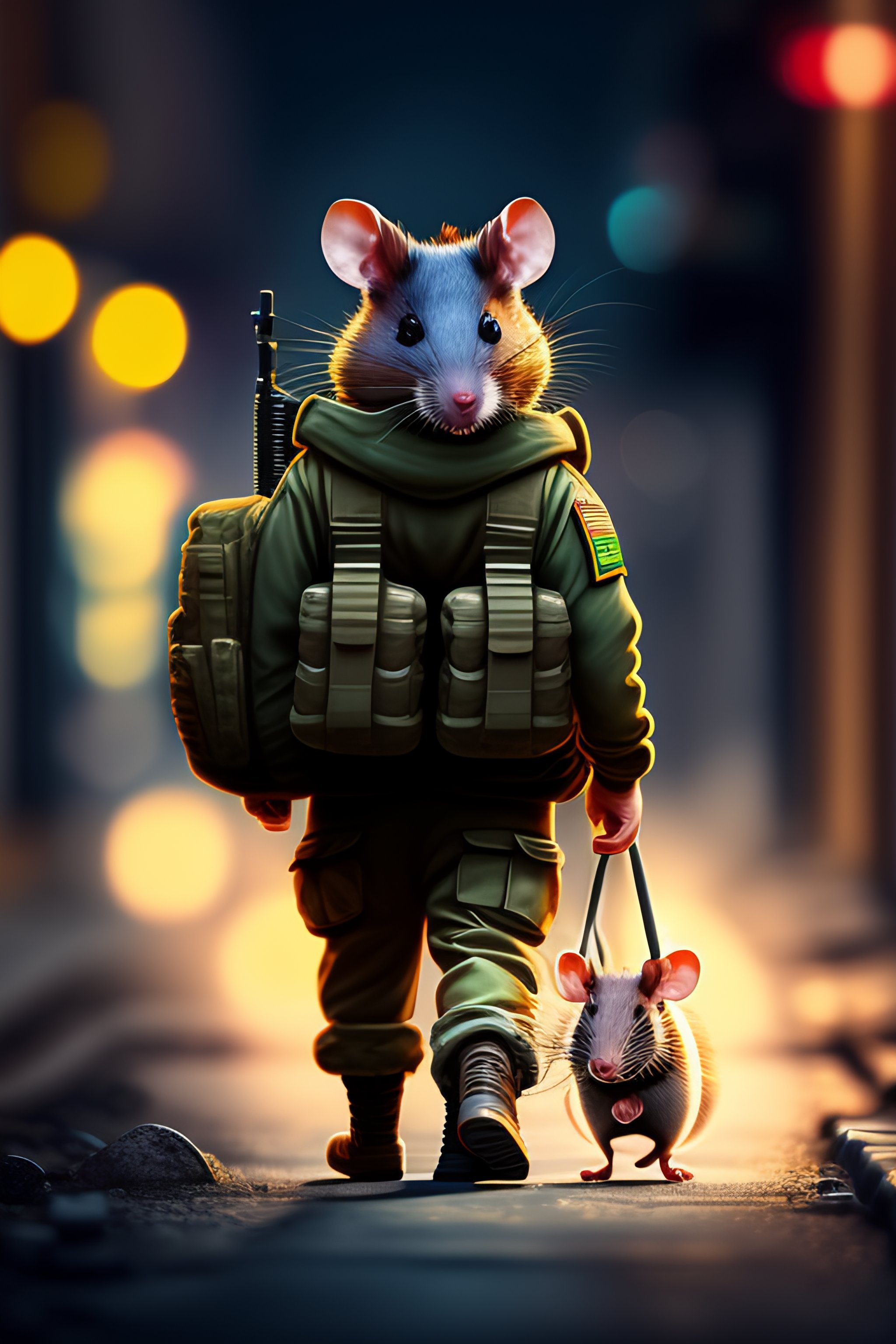 Lexica - A military rat with a machine gun walking with a baby by an ...