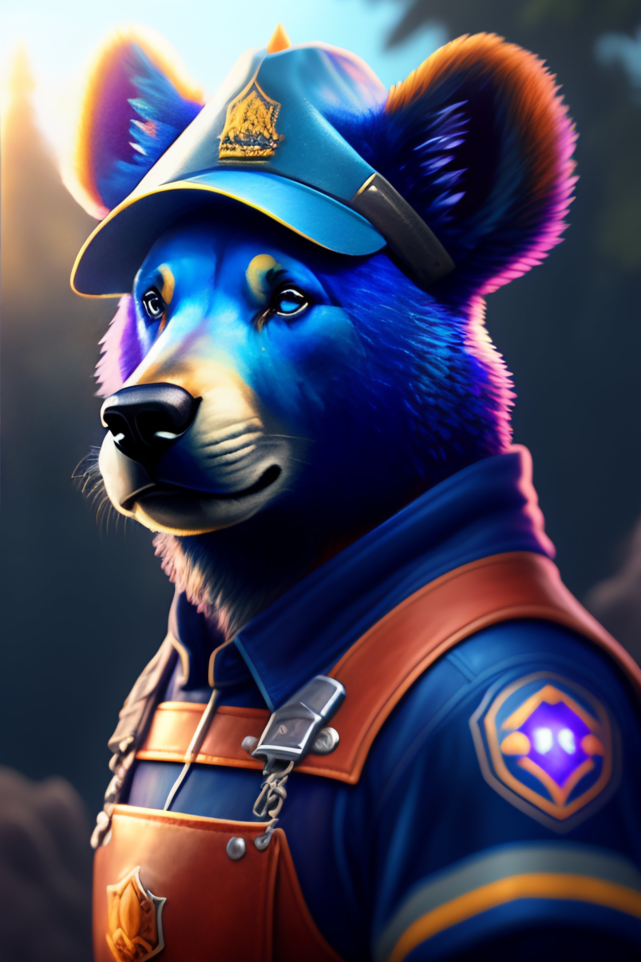 Lexica - A realistic blue country bear wearing overalls and a hat ...