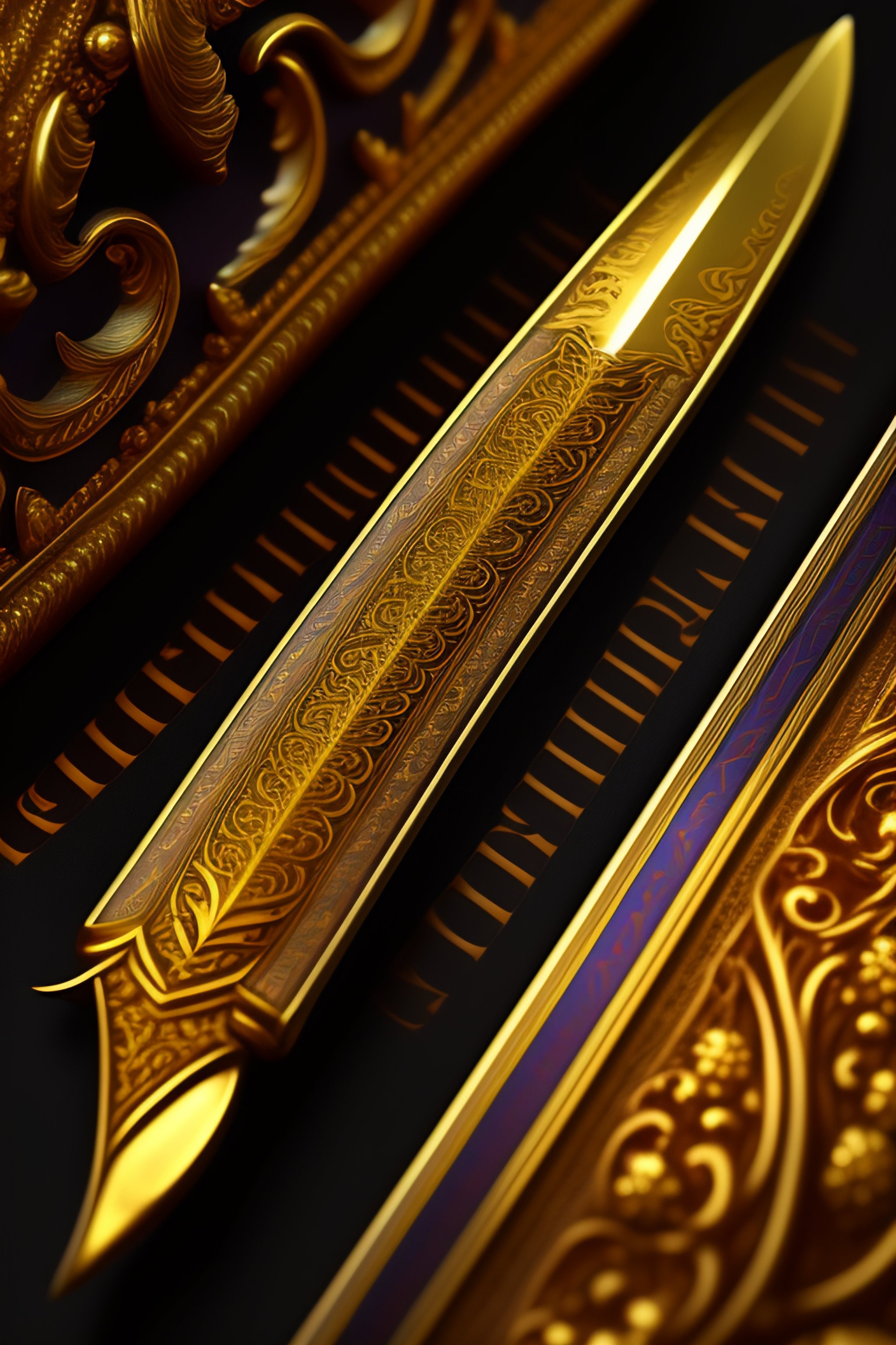 Lexica - An ornate sword with gold and brass fixtures, a golden brass ...