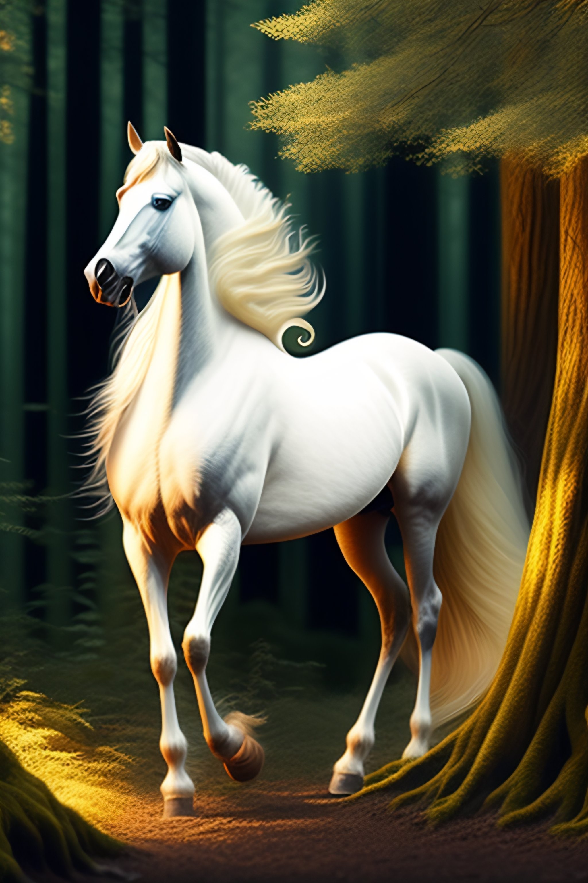 Lexica - A magical forest with a beautiful fantastical white horse with ...