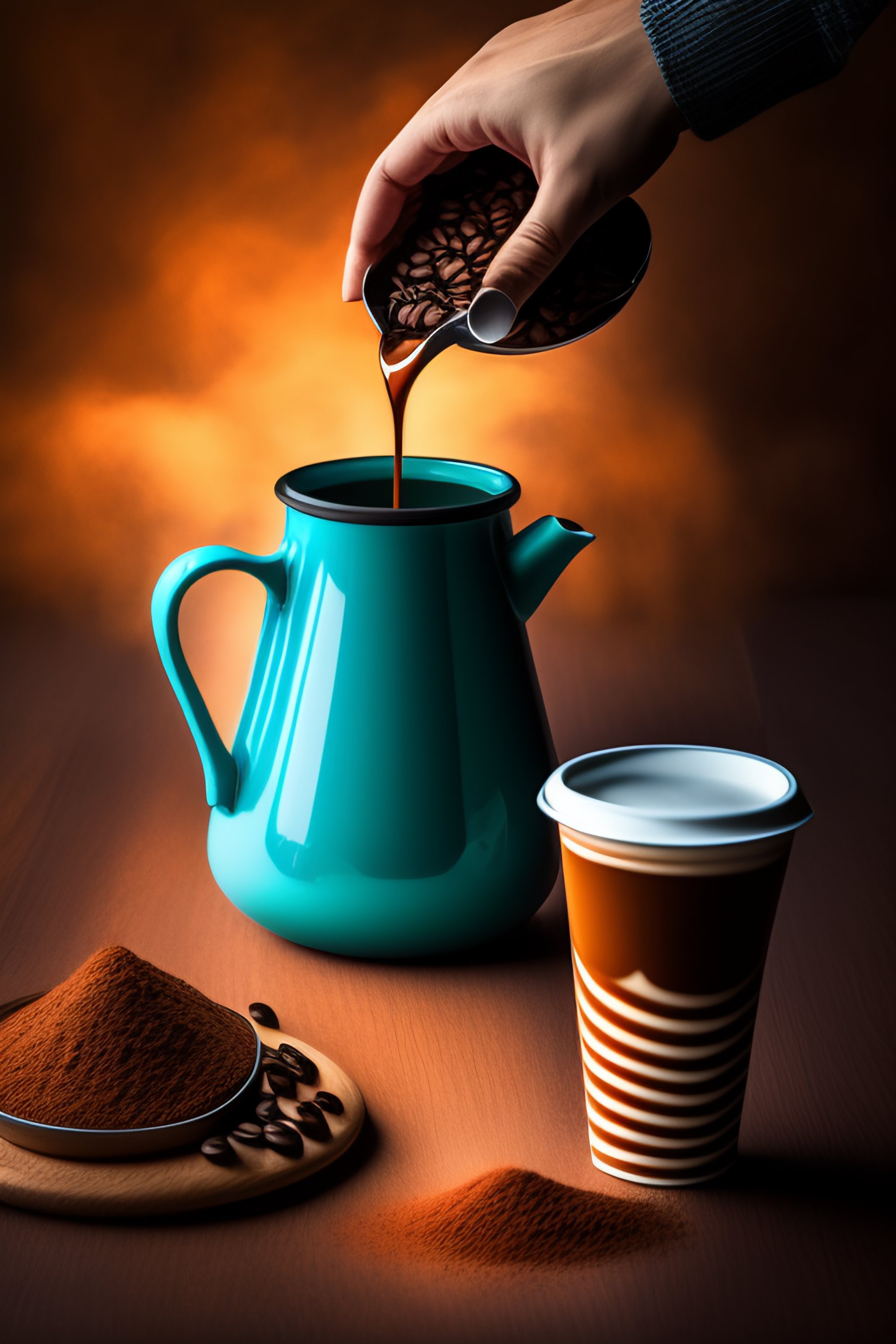 Lexica - A hand holding a coffee pot pours the coffee beans from the ...