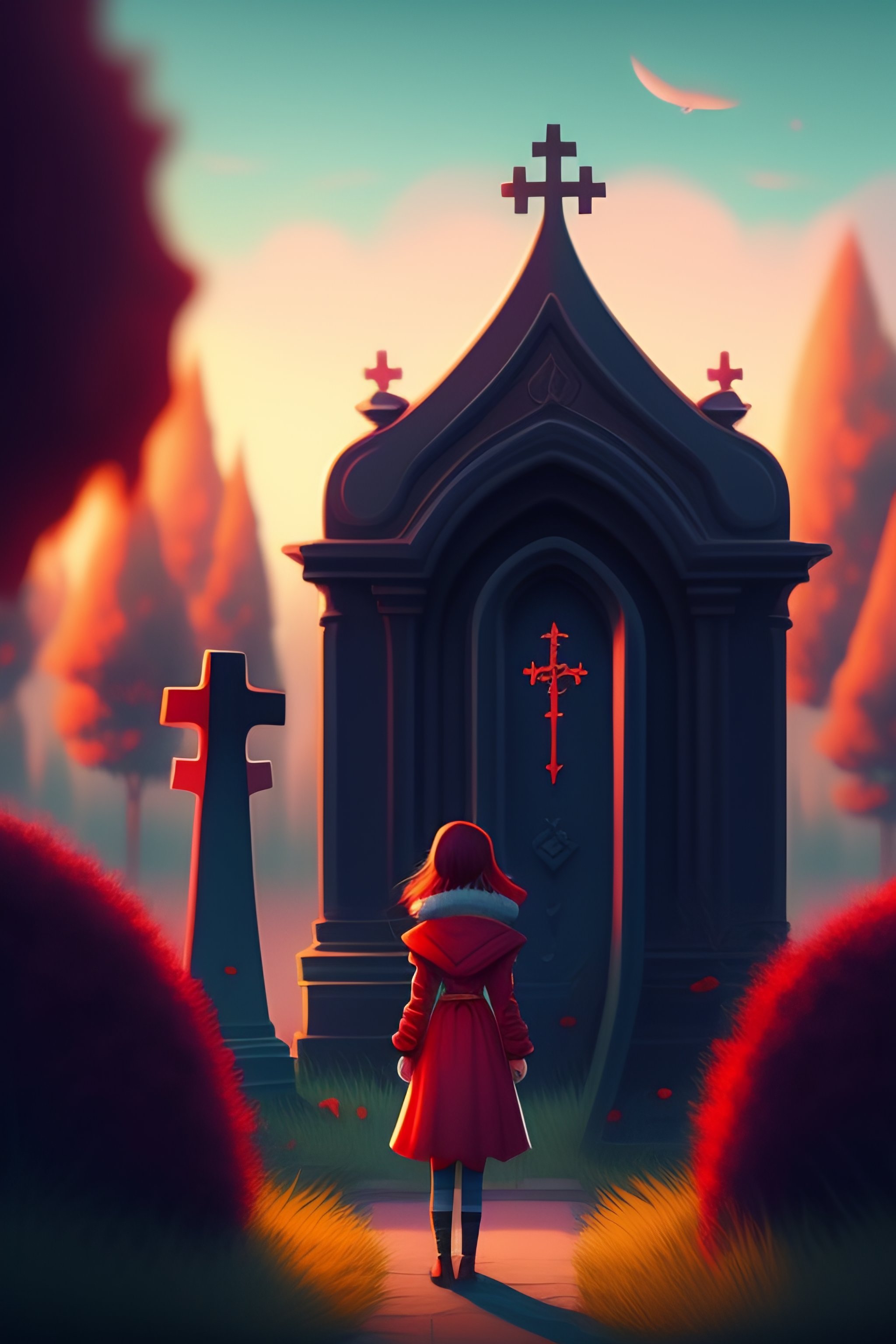 Lexica - View of creepy cemetery background with a girl in red ...