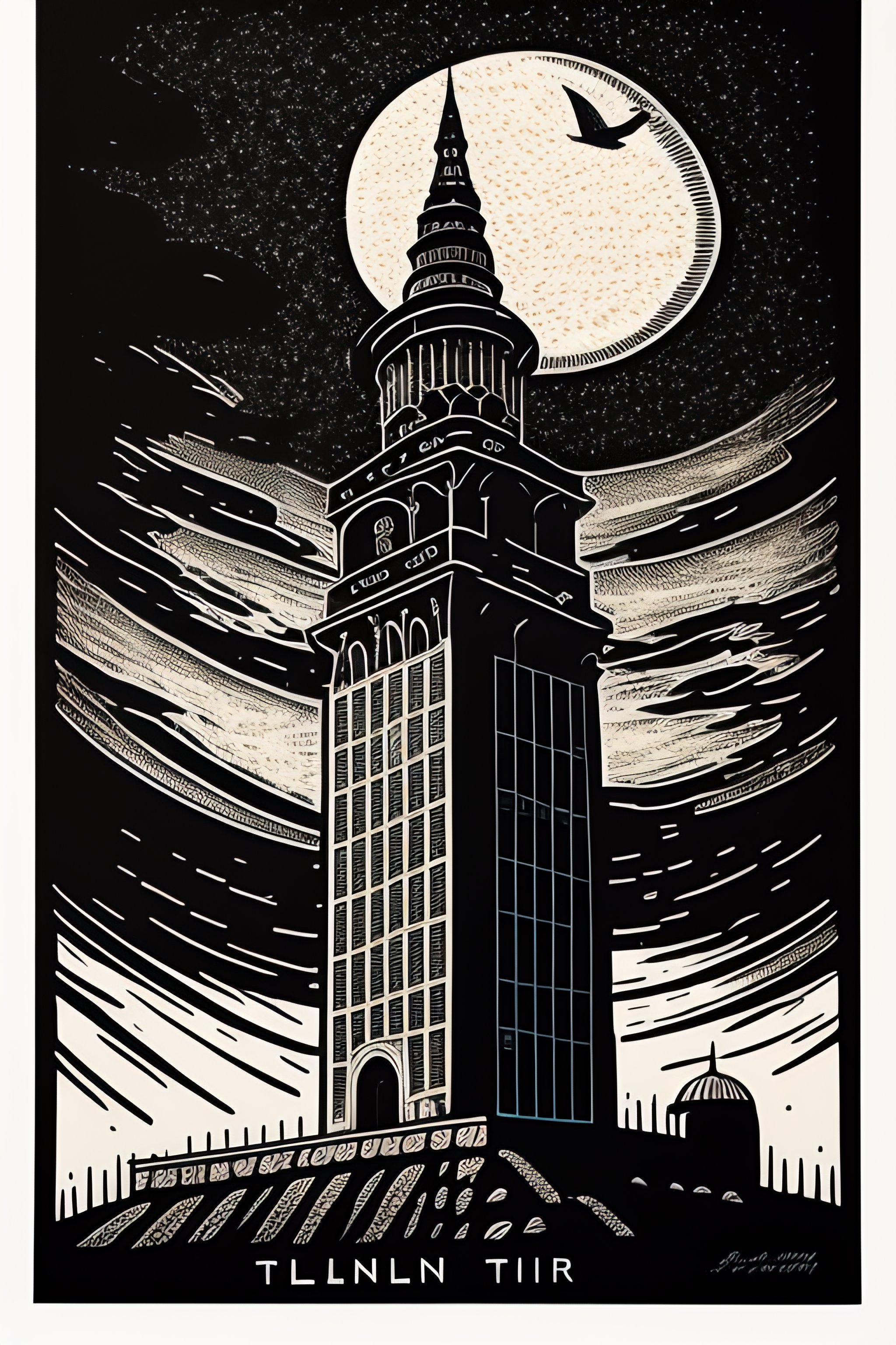 Lexica - An ultra detailed linocut art of a lonely and impossibly tall ...