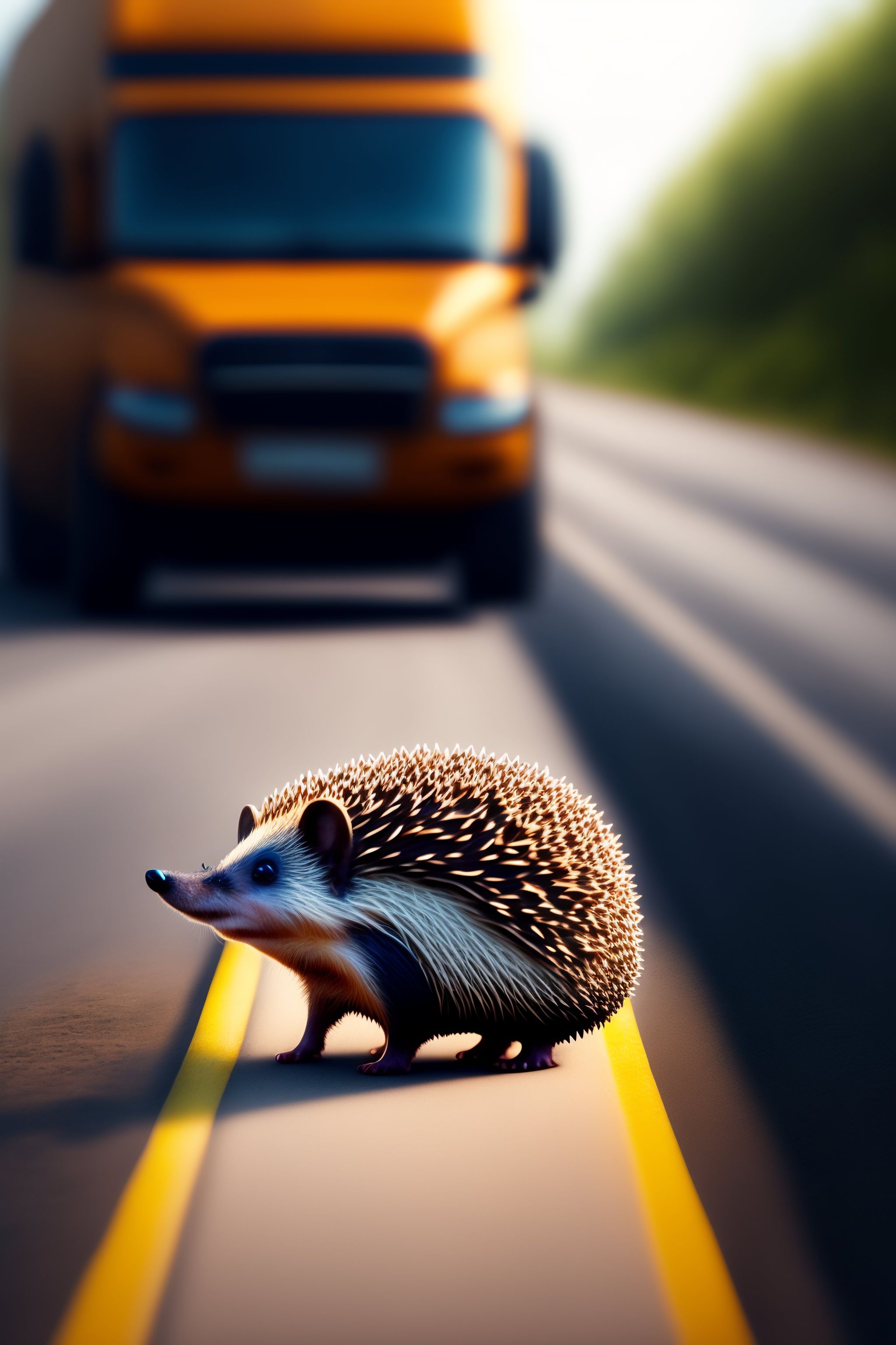 Lexica - Hedgehog crossing the road in front of a truck
