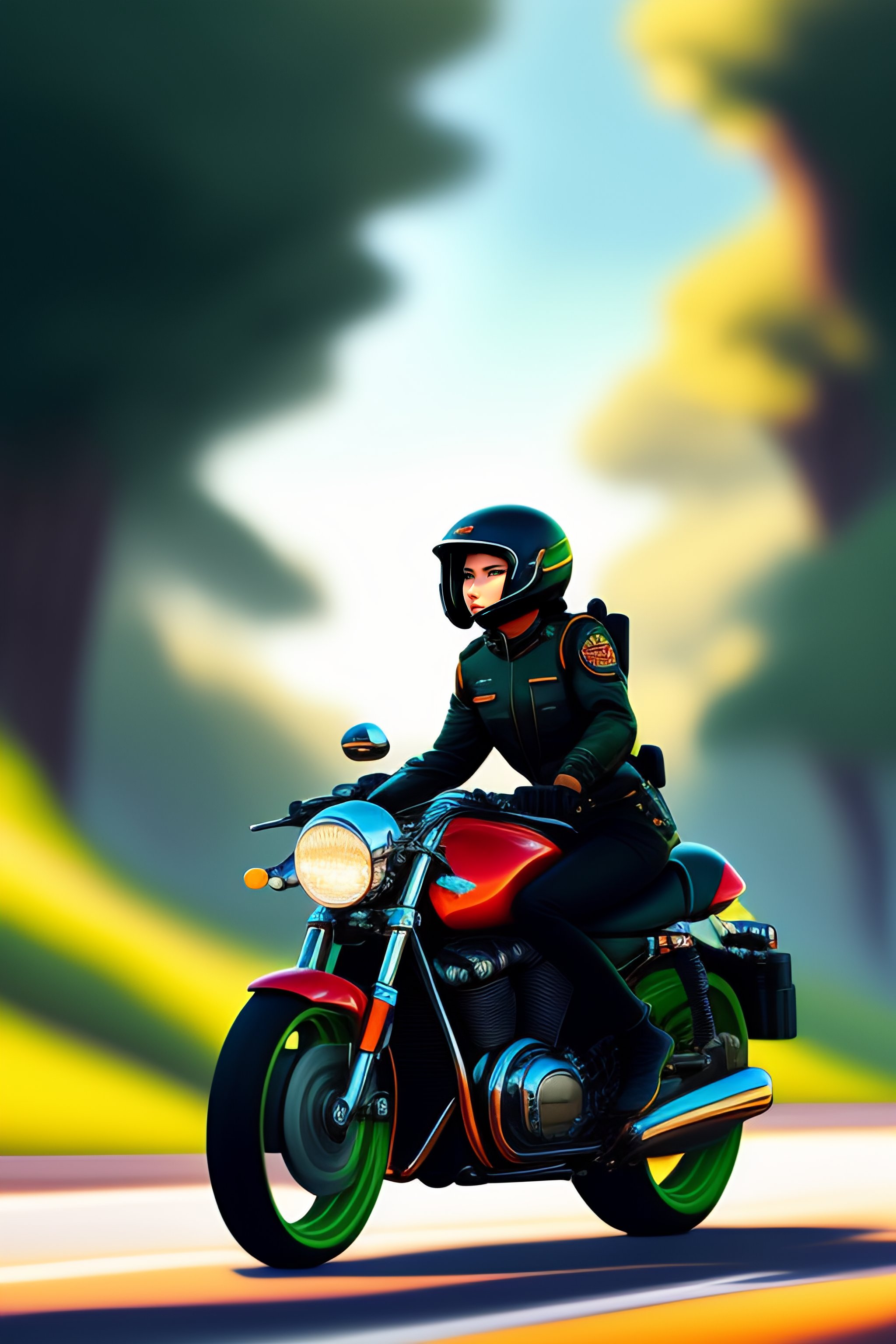 Lexica - A film closeup still of a person riding a motorcycle on a road ...