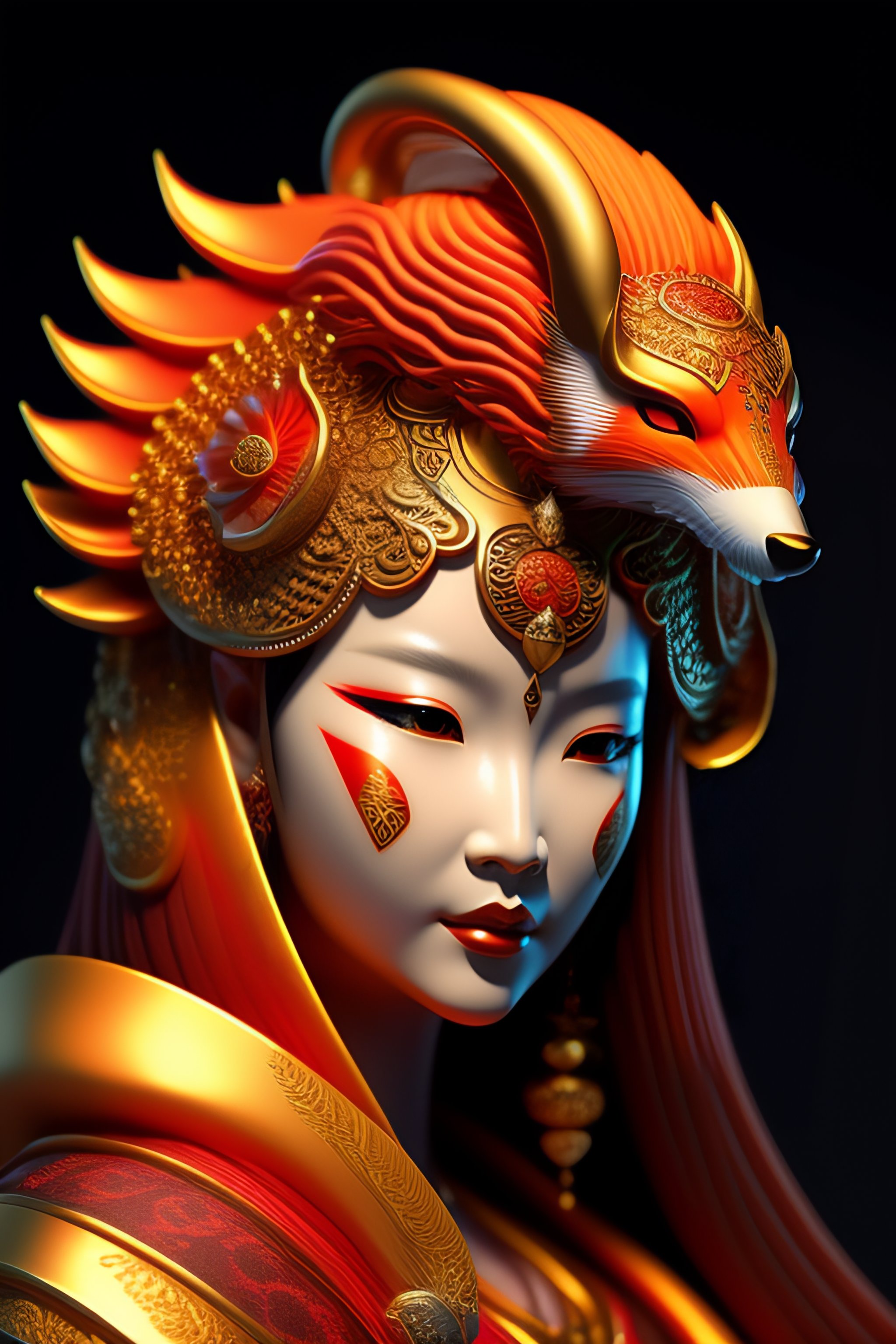 Lexica - 3 d nine tailed fox goddess close - up profile portrait with ...