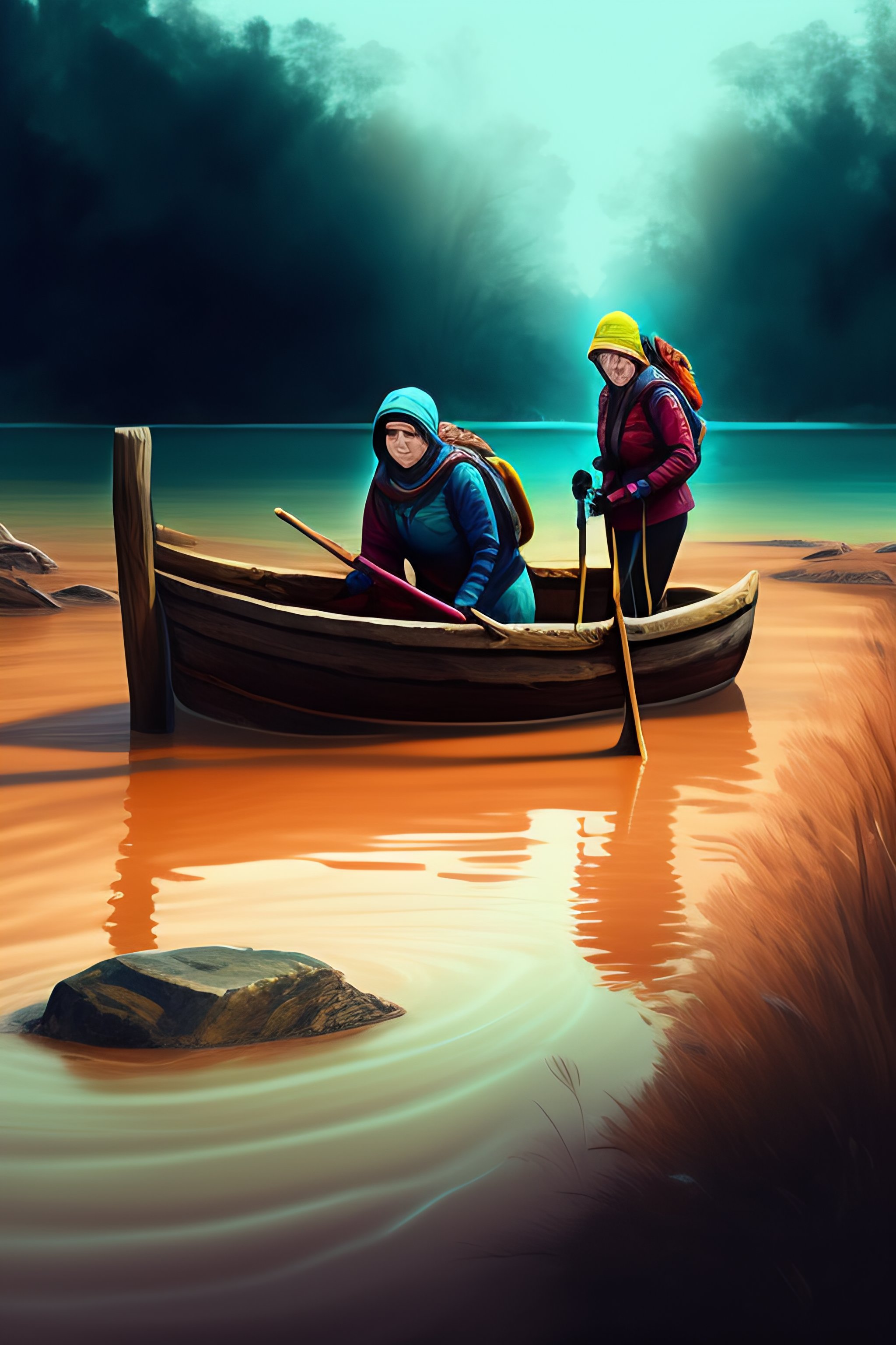 Lexica - Coloured sketch art style, 2 scared explorer women sinking in ...