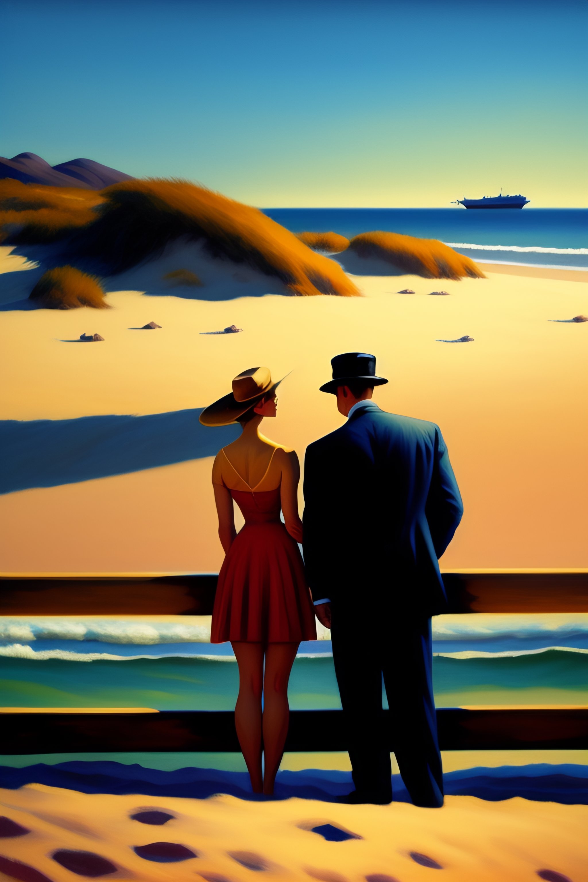 Lexica - Edward hopper style painting of a couple on the beach