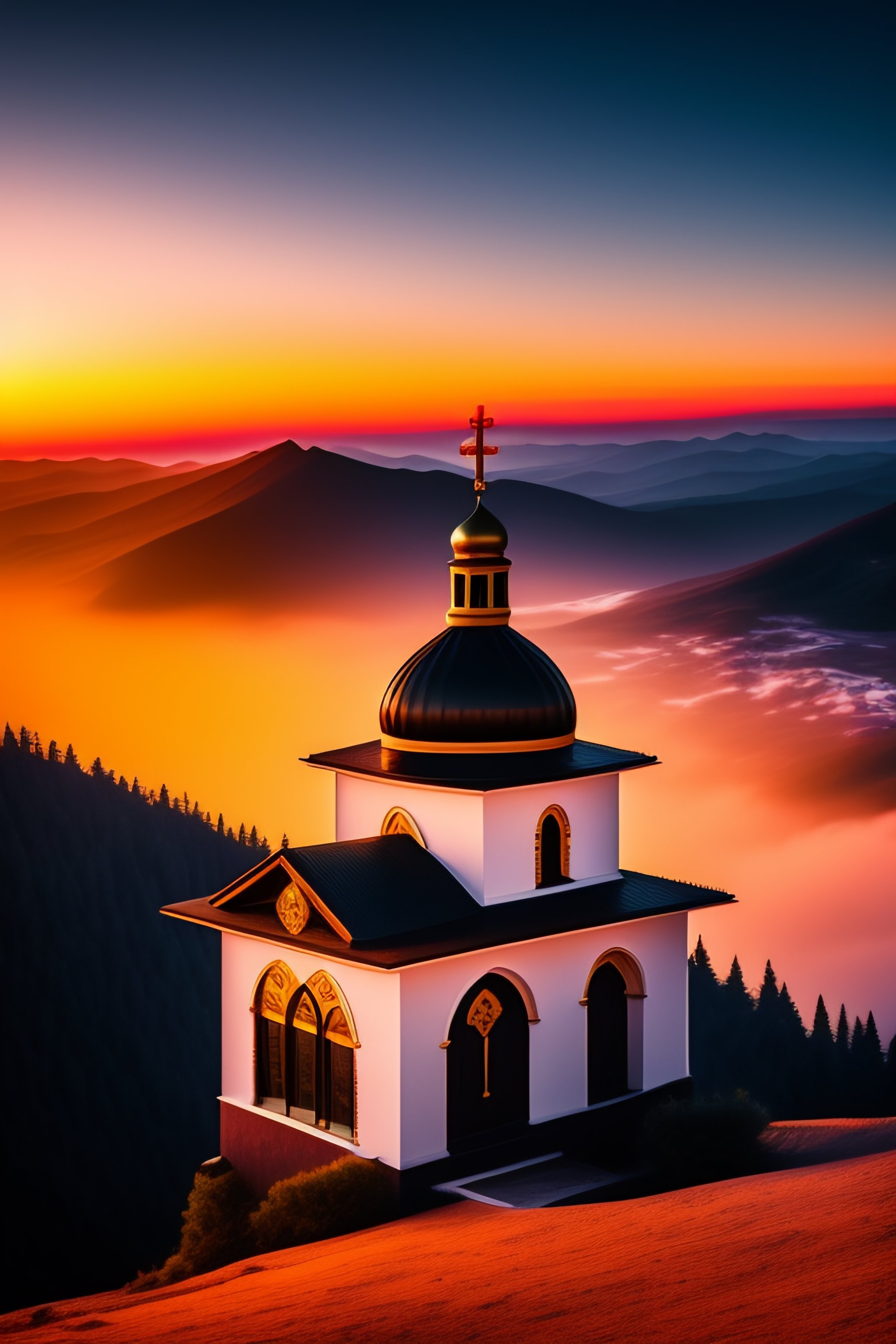 Lexica - Orthodox Church on top of vulcanic mountain on sunset