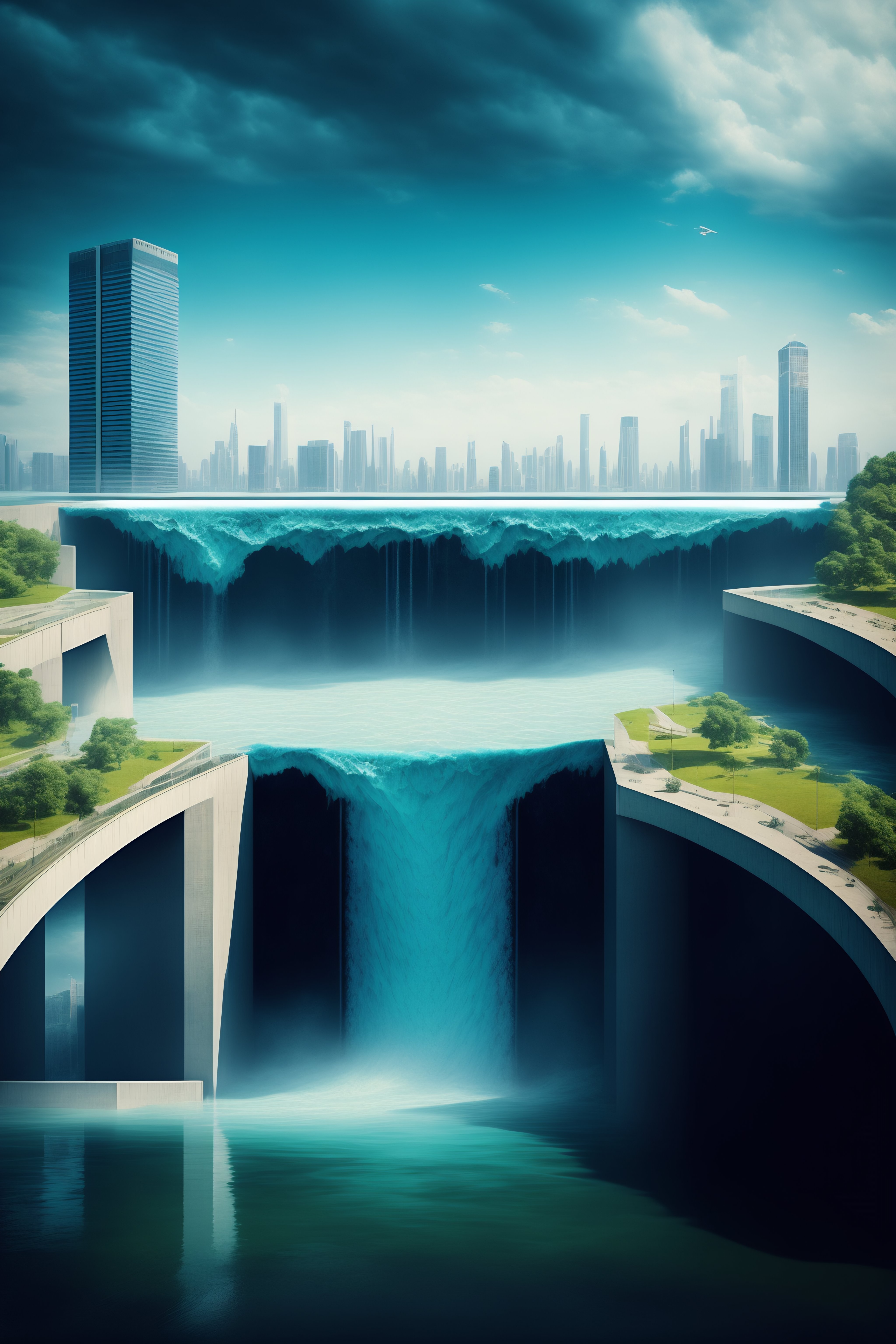 Lexica - Dam cracked, massive blue water flooding, flooded office ...