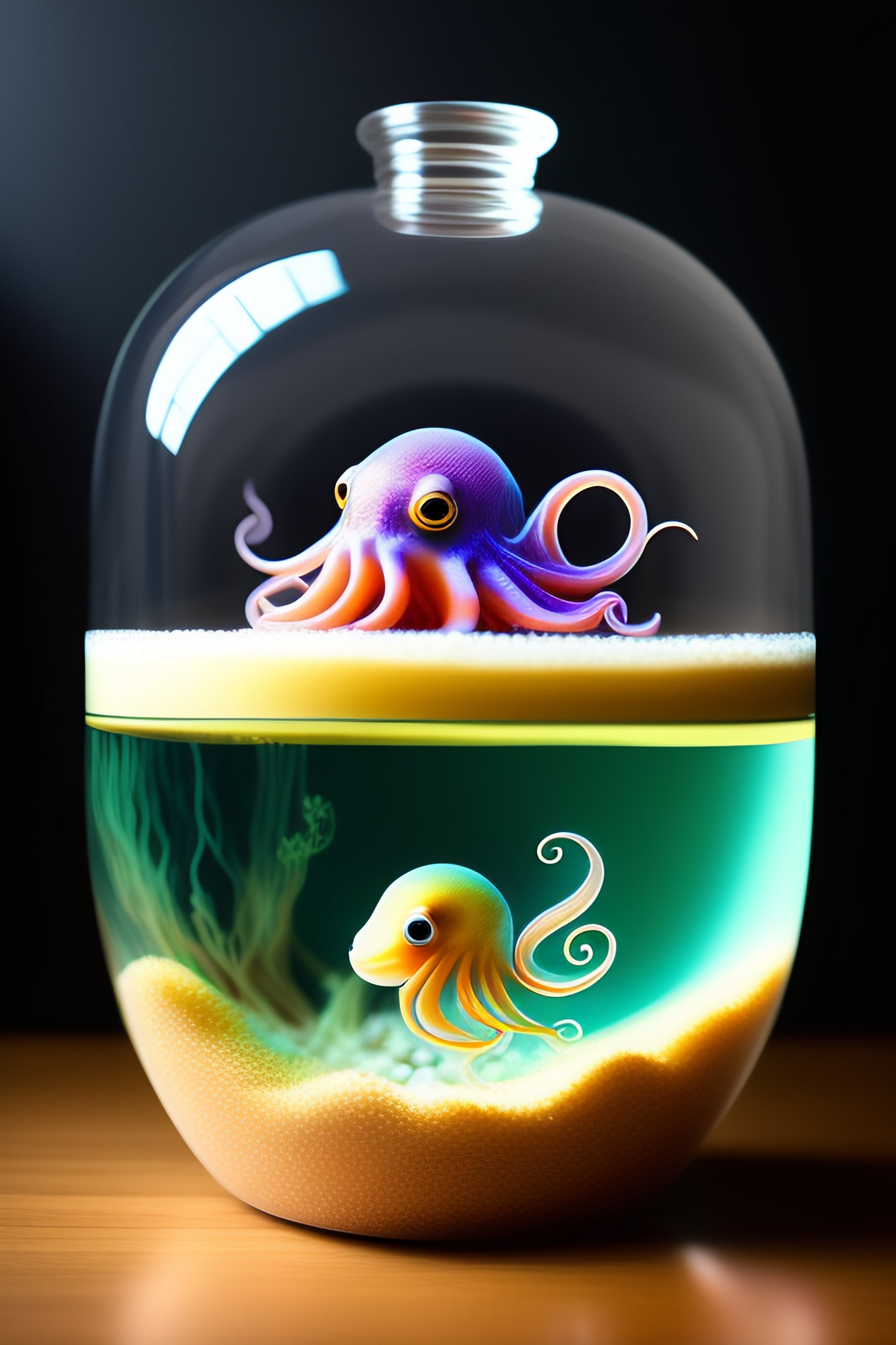 Lexica - A cute little octopus in a small circular fish tank.
