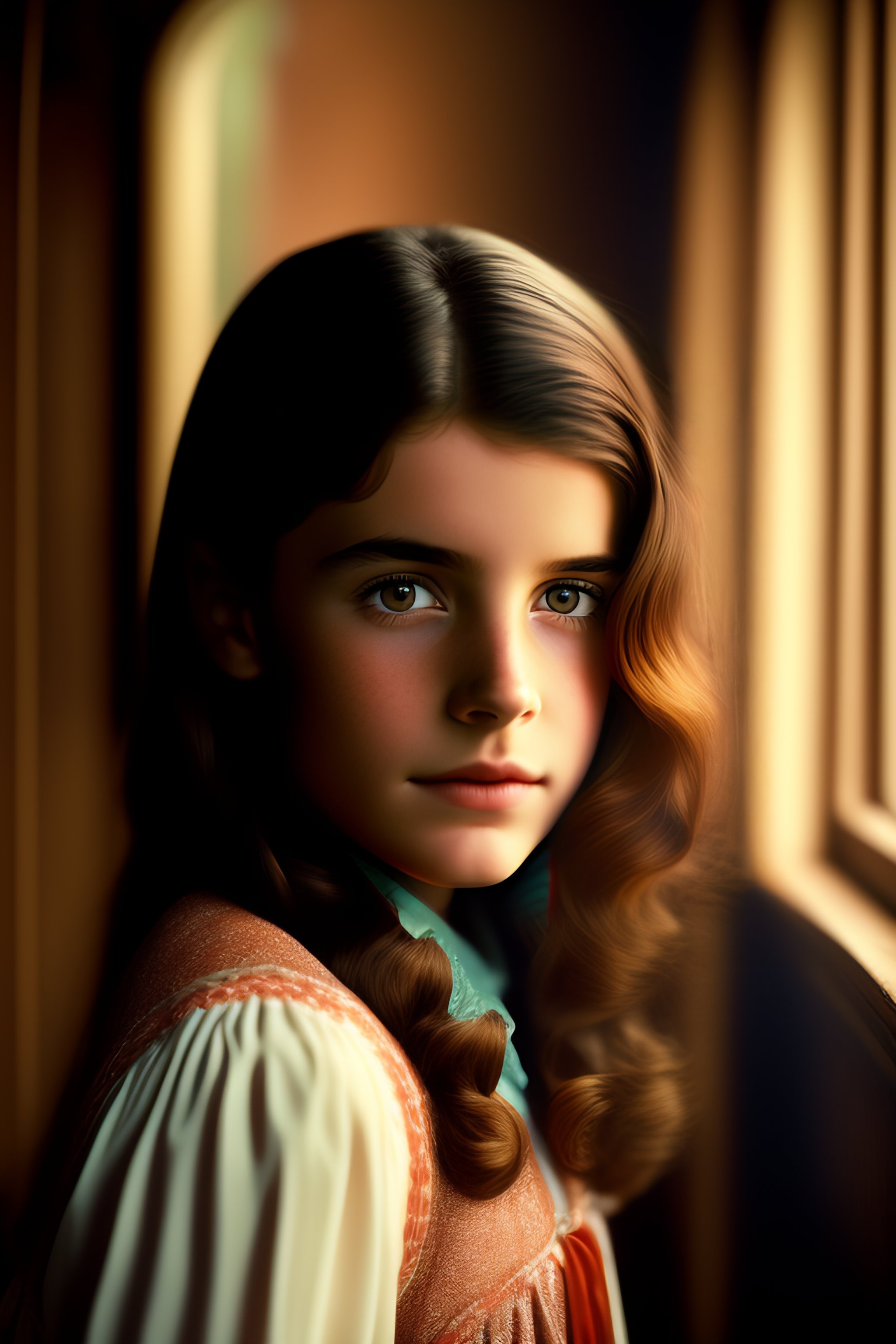 Lexica - Portrait of a young twelve years old brunette shy girl, movie ...