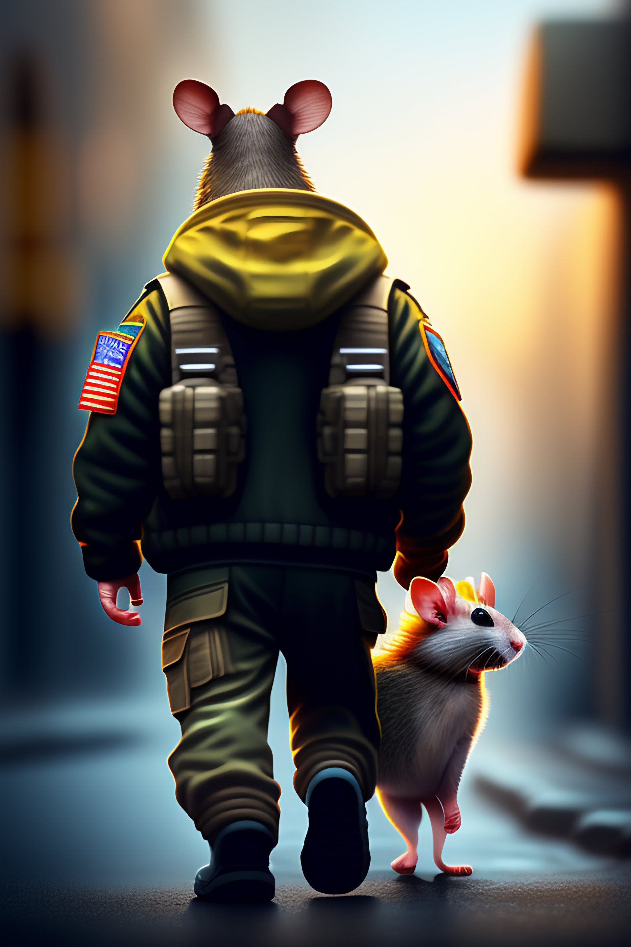 Lexica - A military rat with a machine gun walking with a baby by an ...