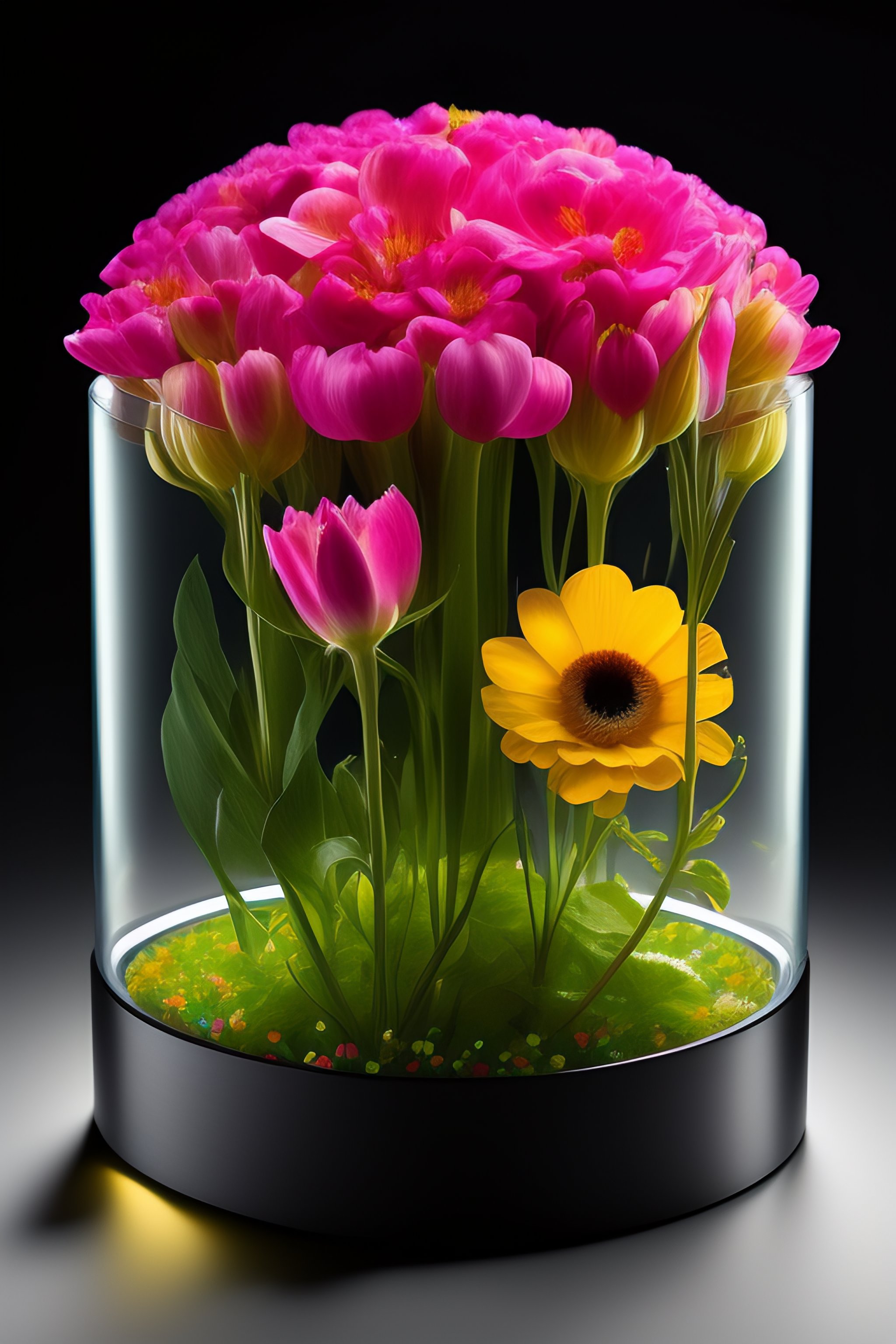 Lexica - A box made of glass has flowers inside