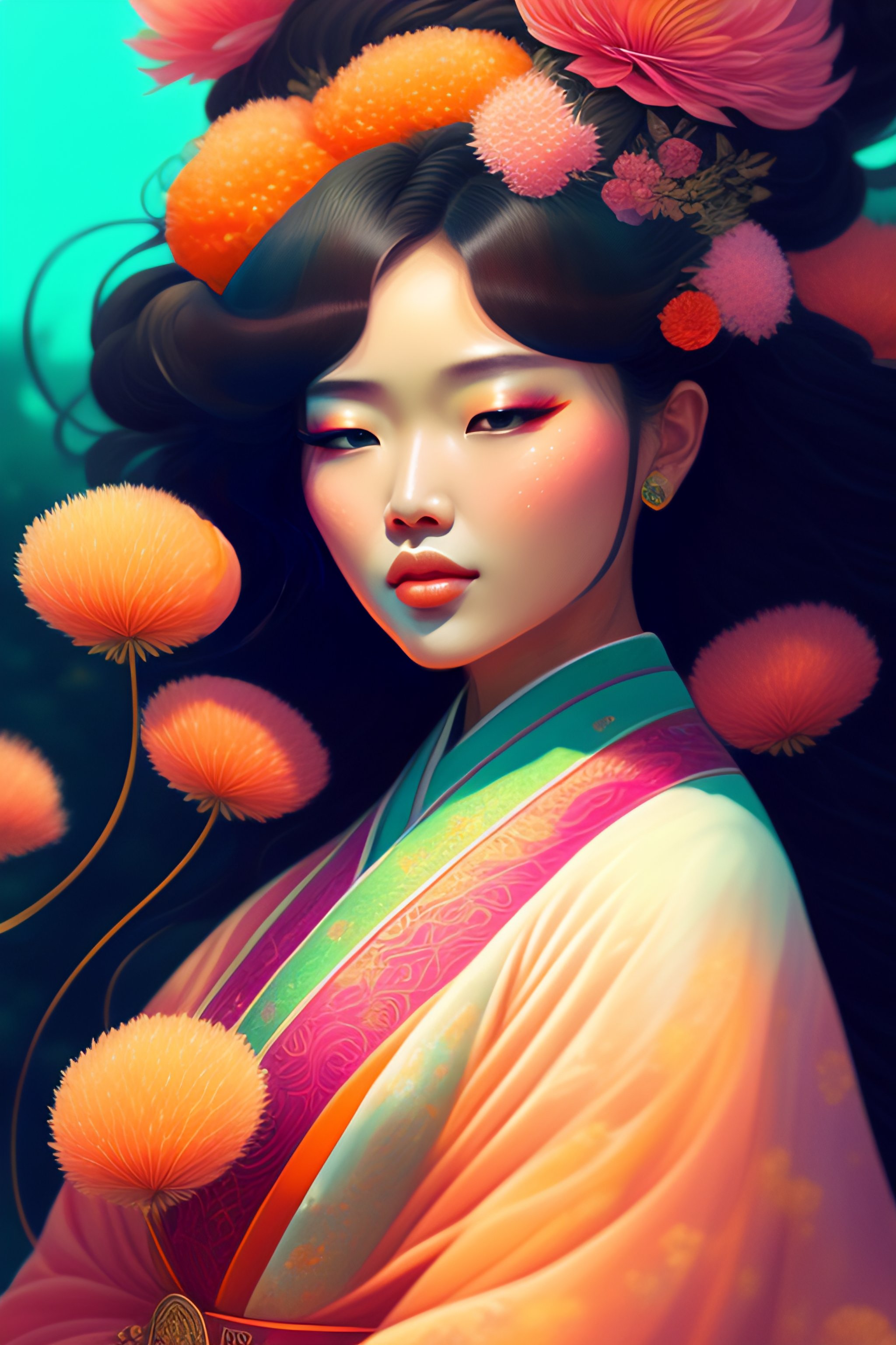 Lexica - Portrait ninfa in japanese costume kimono, big hair, grass ...