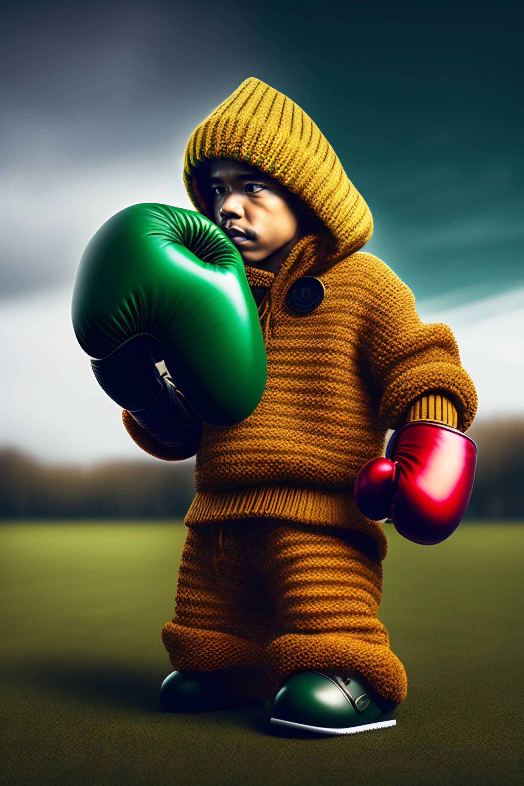 Lexica - A man made of leaf rakes wears a sweater and has boxing gloves on