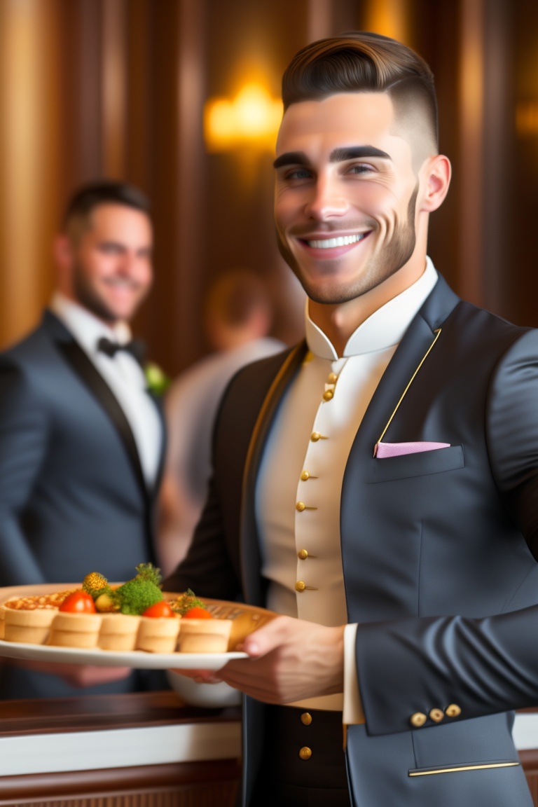 Lexica - Hotel waiter serving happy customer at hotel reception , sharp image, professional