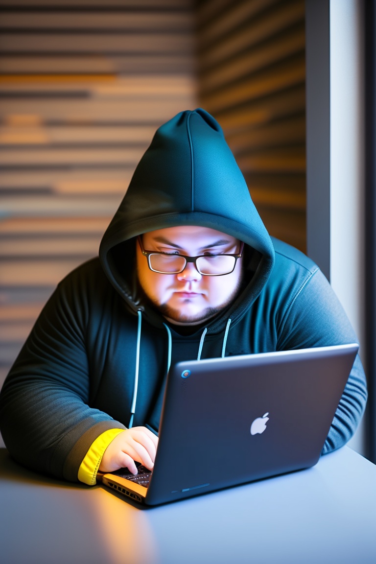 Lexica - Hacker chubby boy with glasses wearing a black hoodie with a ...