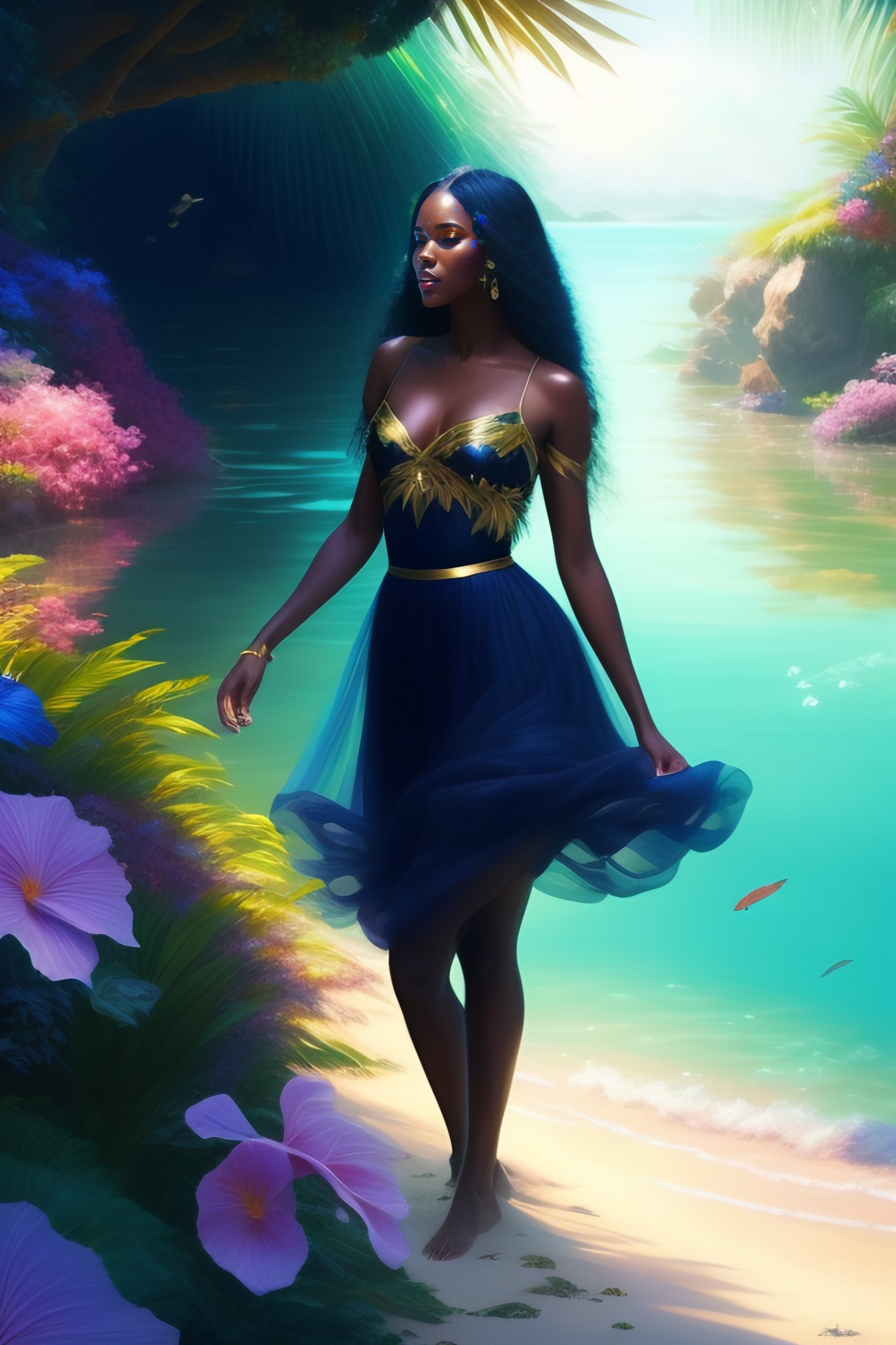 Lexica - Beautiful black princess wearing blue dress and gold jewelry ...