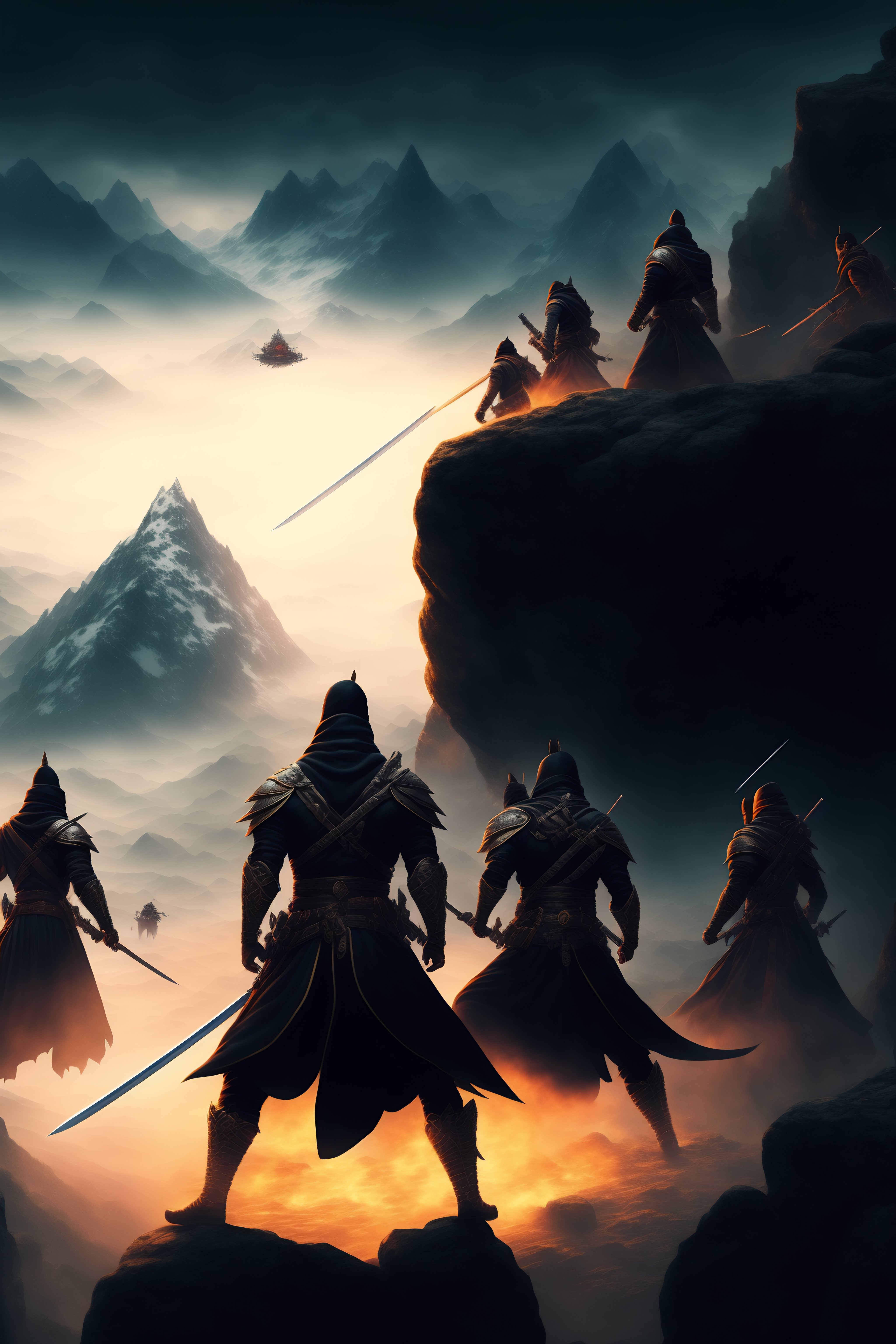 Lexica - 3 Black Ninja Assassins fighting with bandits on a moutain pass