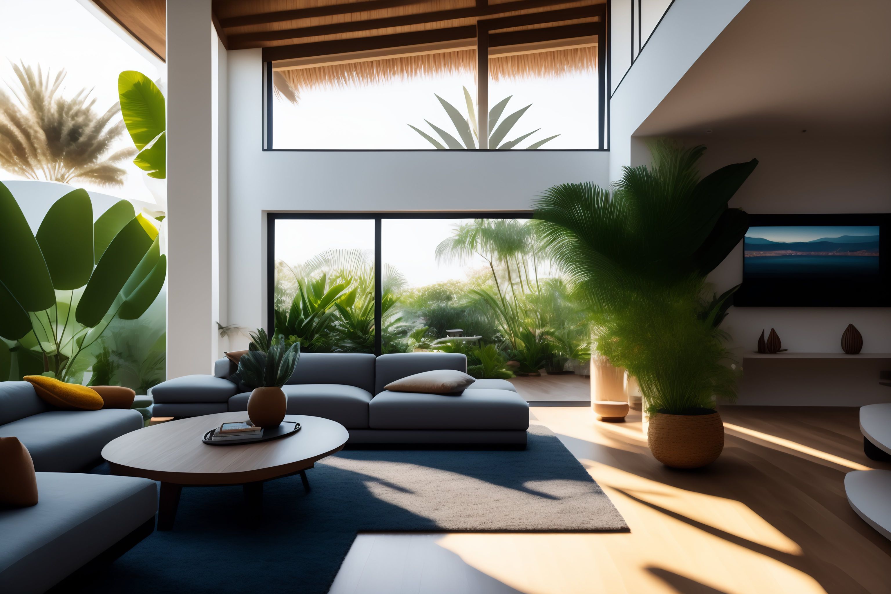 Lexica - Large contemporary interior, wide angle, living room, tropical ...