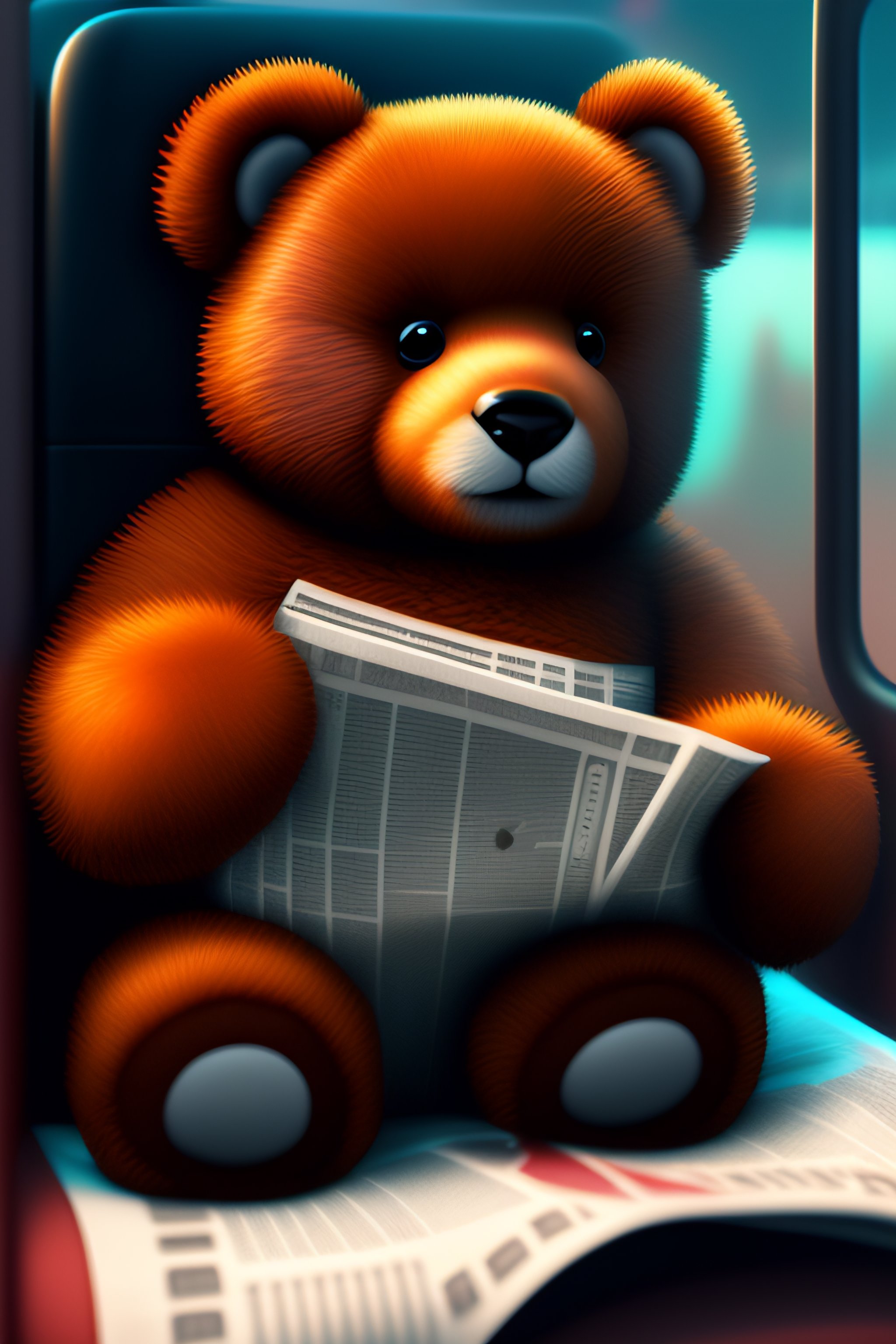 Lexica - Cute teddy bear reading newspaper in the bus, cinematic shot ...