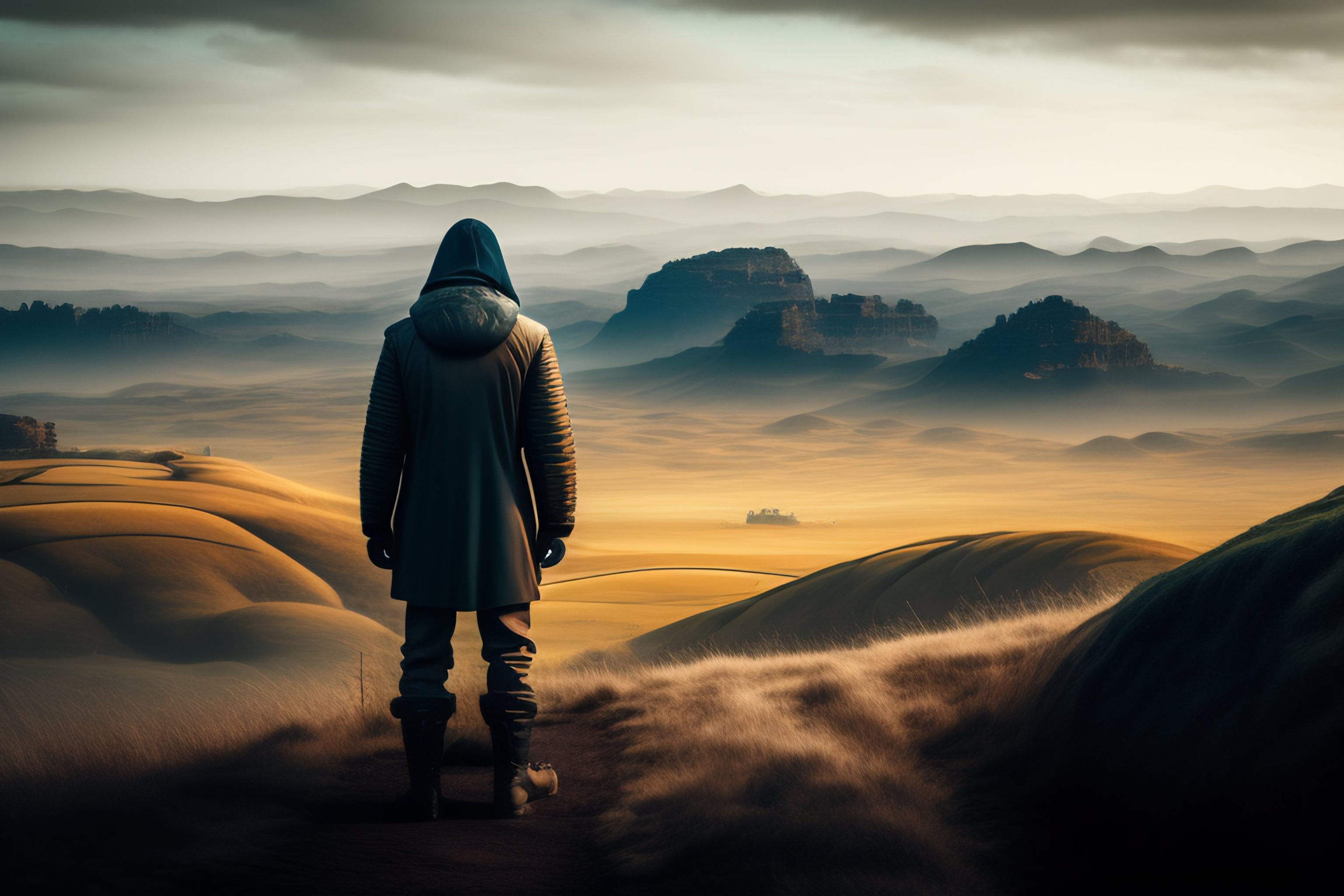 Lexica - Anthropomorphic figure looking towards landscape dystopian horizon