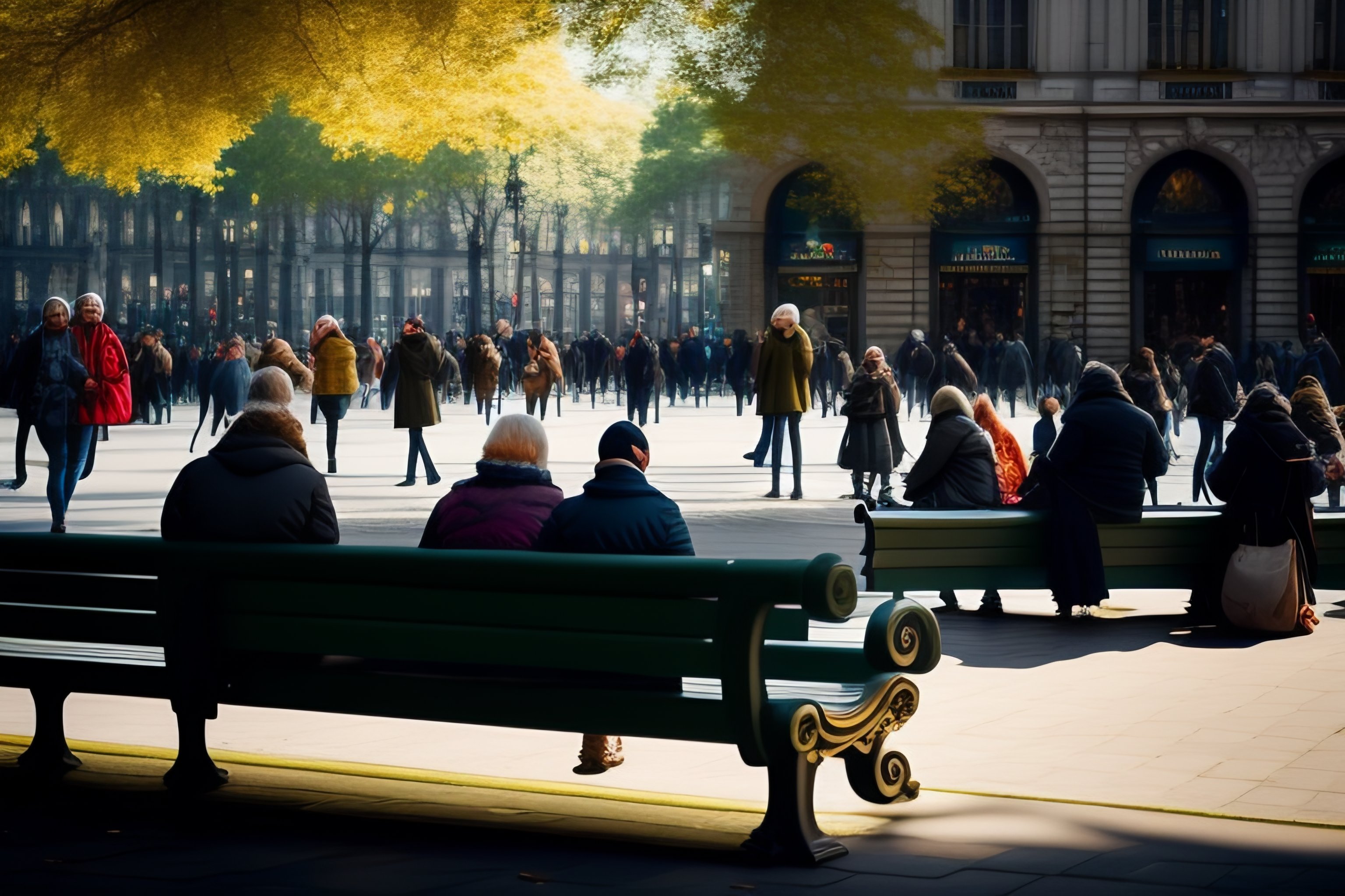 Lexica - A grand, ornate bench in the middle of a bustling city square ...