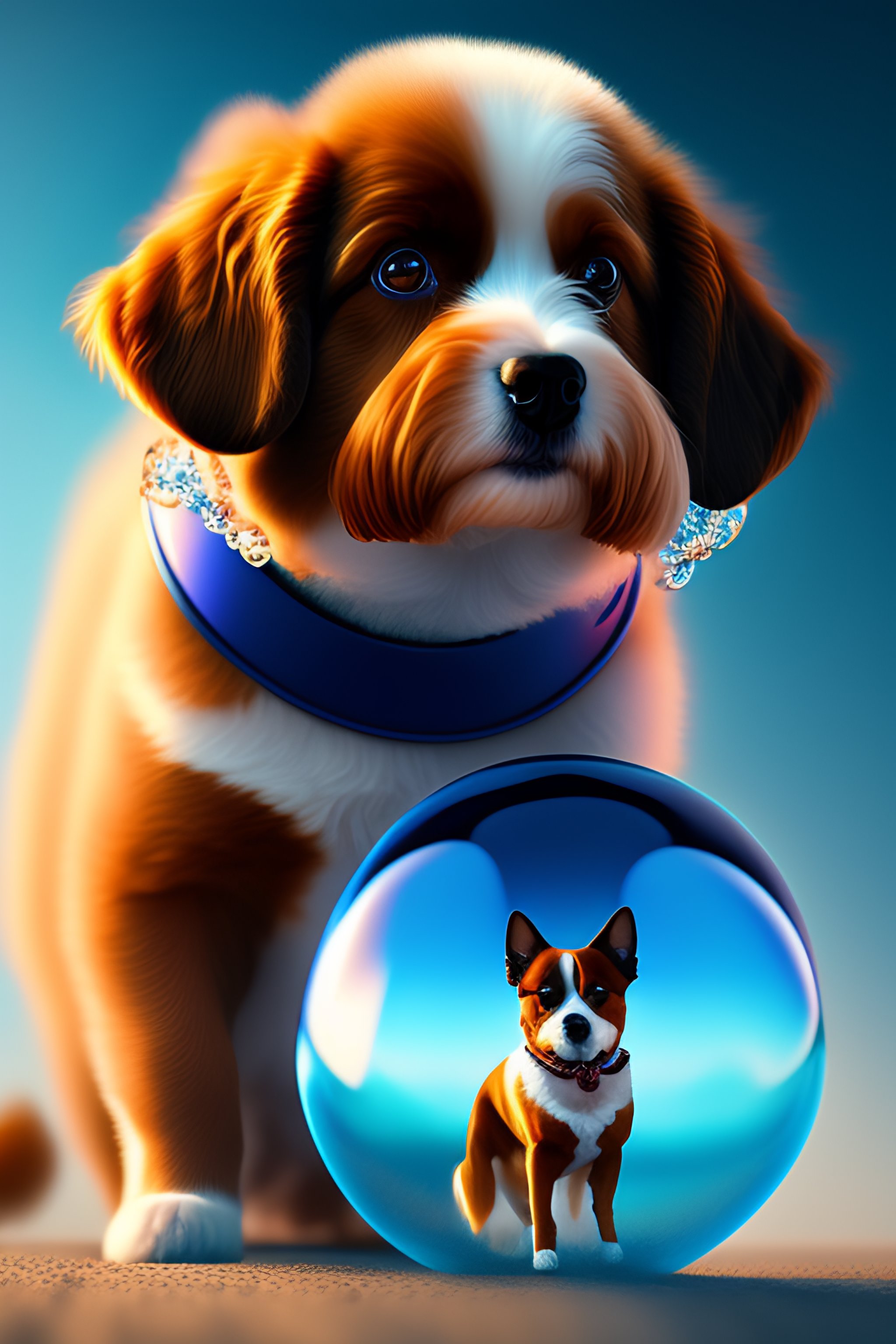 Lexica - Cinematic portrait of cute dog riding large blue bubble, oil ...