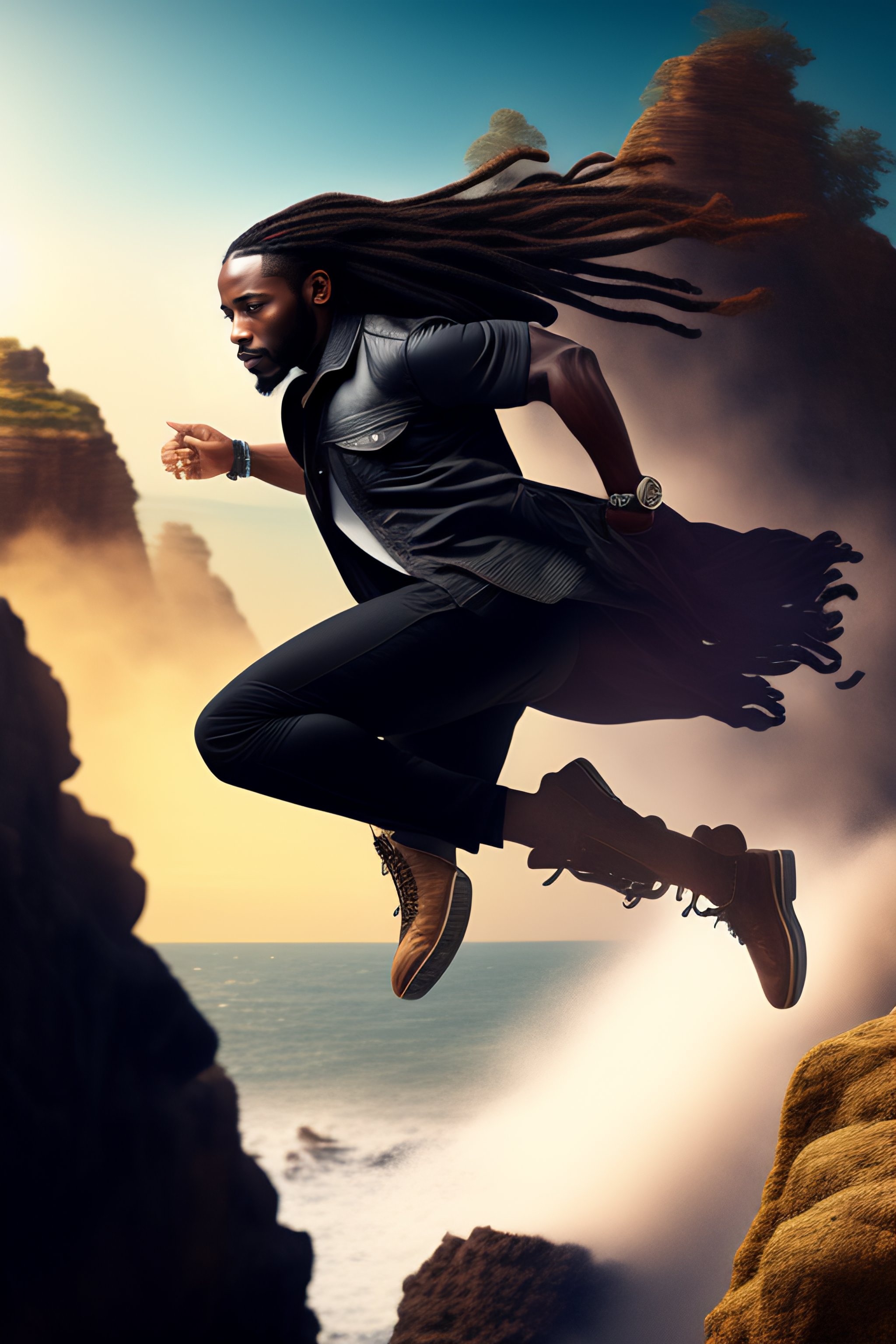 Lexica - BLACK MAN WITH DREADLOCKS FALLING OF A CLIFF SURROUNDED BY DJEMBES