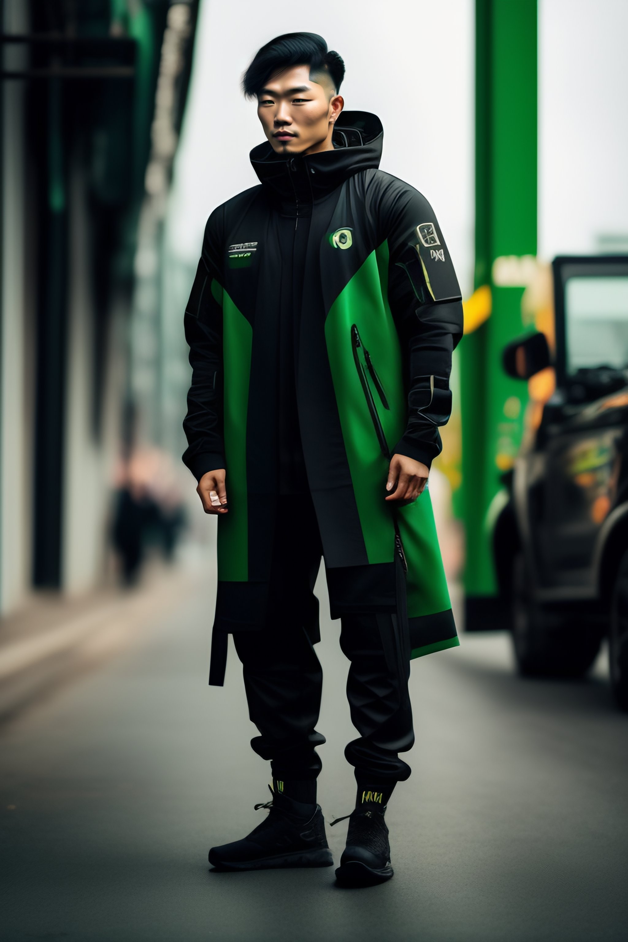 Lexica - An Asian inspired techwear model in black and green outfit