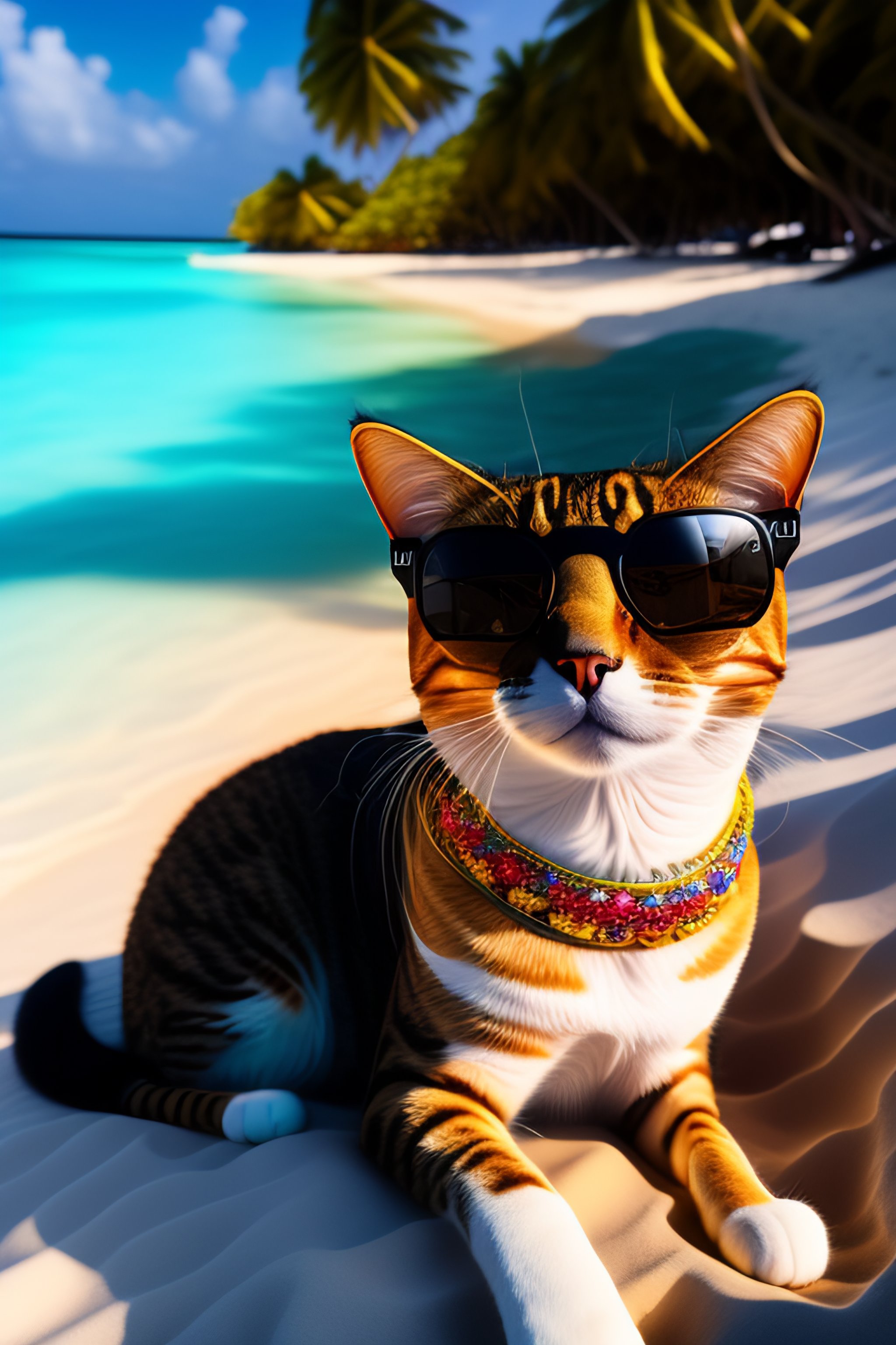 Lexica - A cat wearing sunglasses and lying down beach bed in Maldives