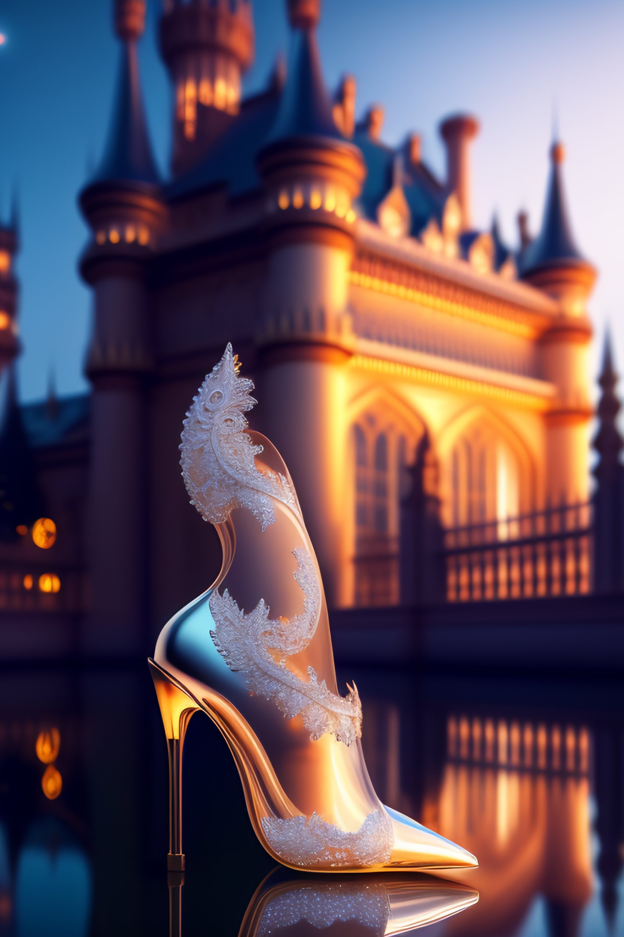 Lexica - Shiny clear intricate high heel shoe in front of a castle, 8k ...