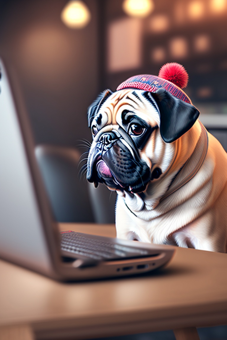 Lexica - Portrait of a pug in front of a computer, head slightly tilted ...