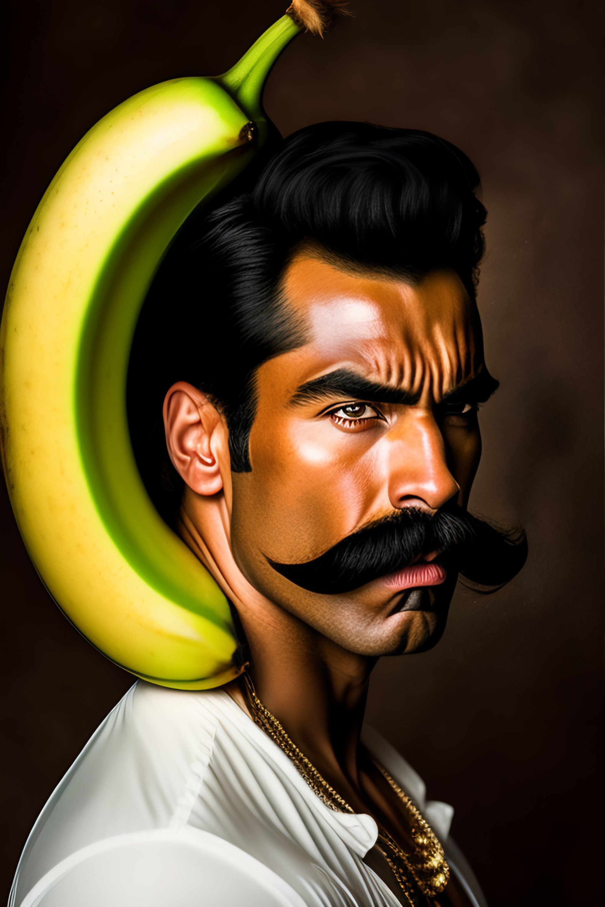 Lexica - Portrait of a man with a mustache looking angry at a banana