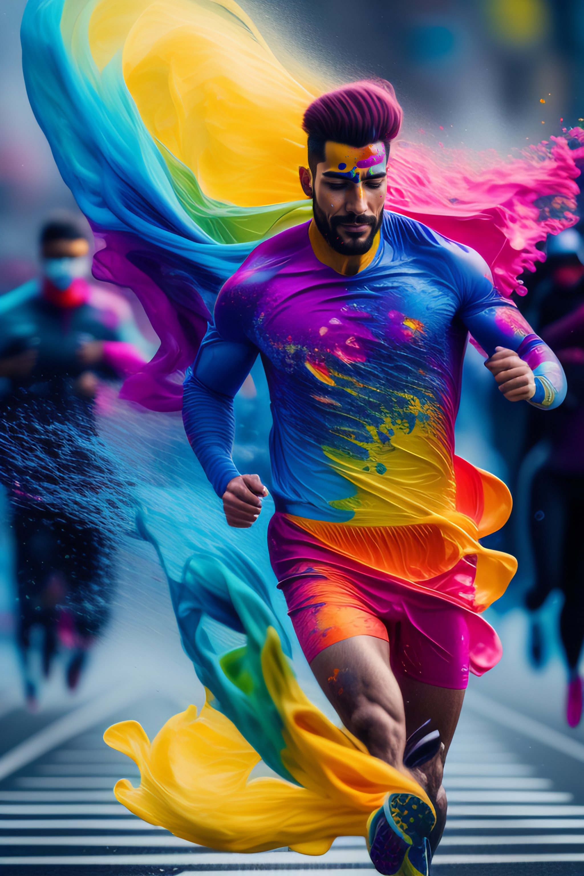 Lexica - A man running with a colorful splash of paint on his body, an ...