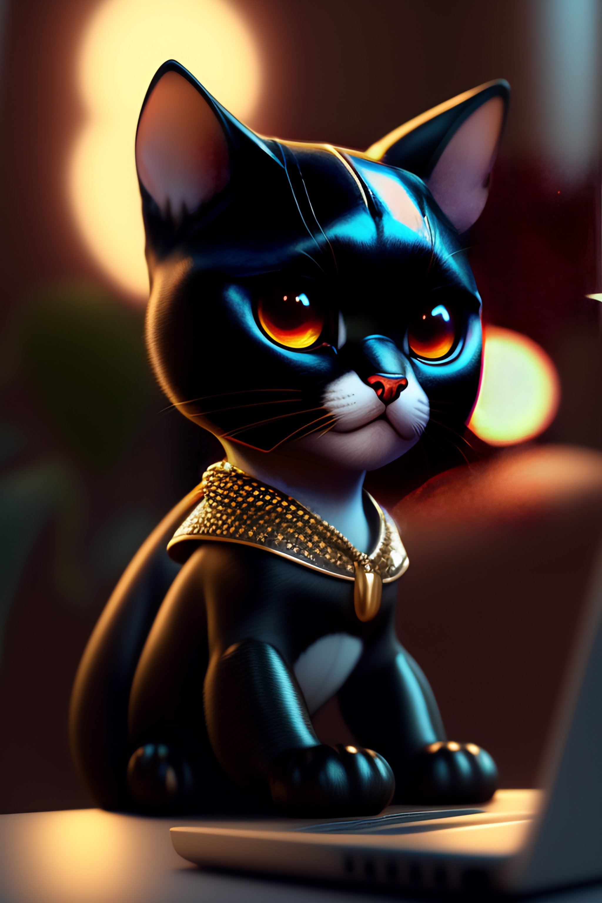 Lexica - Cute small humanoid catwoman sitting in front of laptop ...