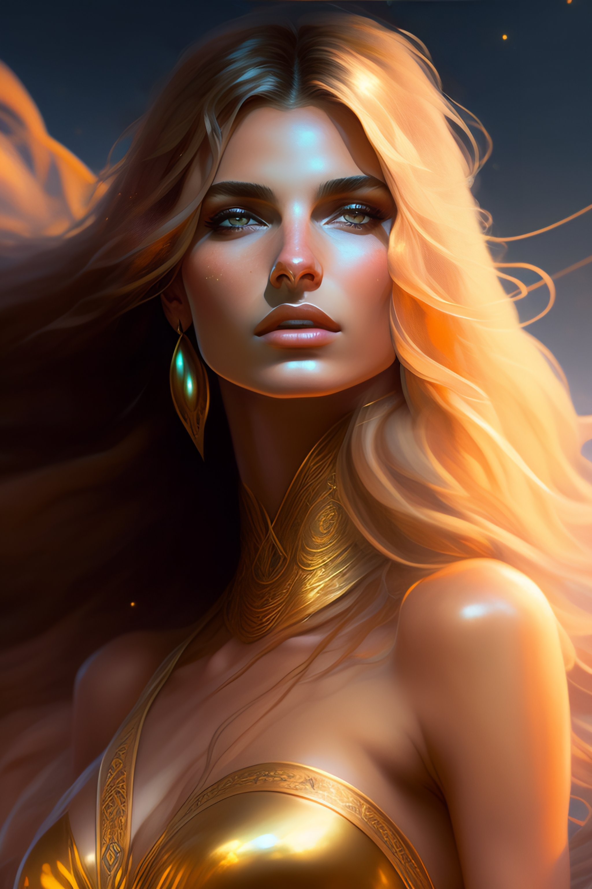 Lexica - A beautiful cinematic female sand goddess, emily ratajkowski, large size, golden dress ...