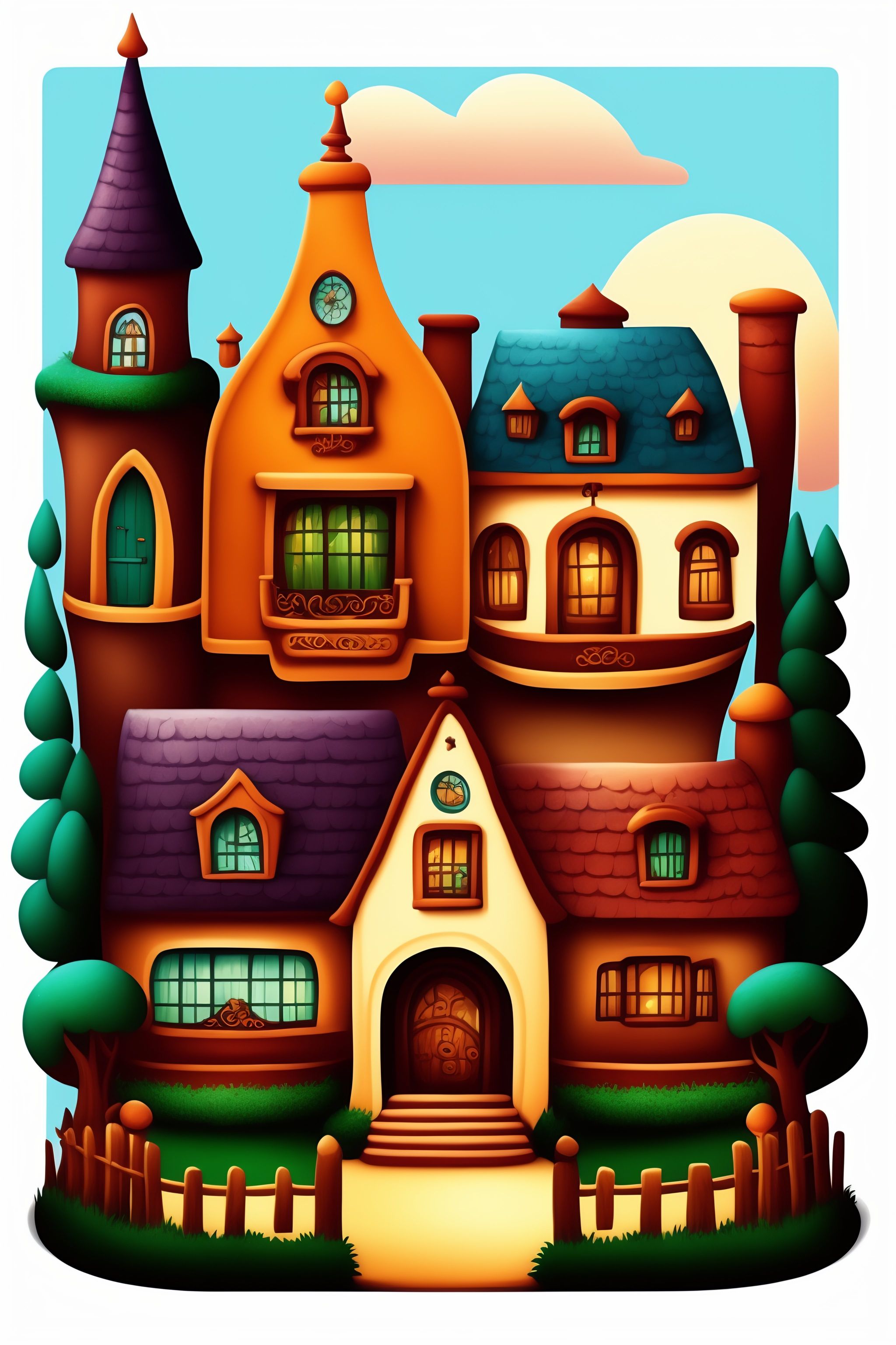 Lexica - Storybook cartoon fairytale town illustration, lot of house