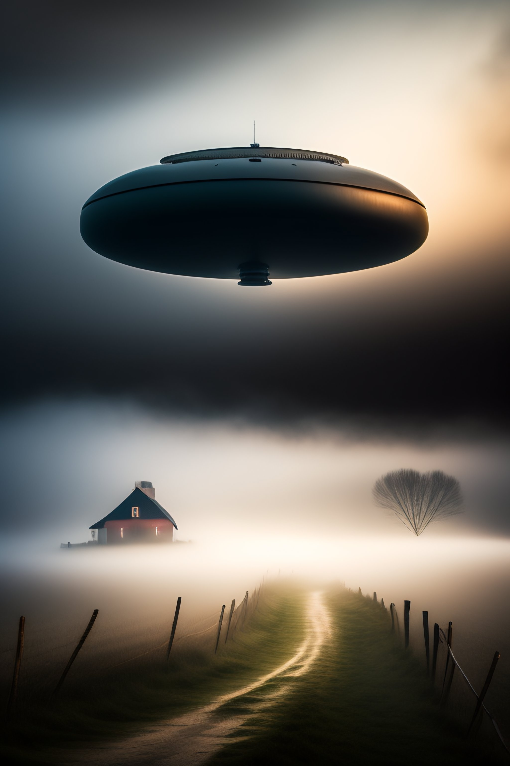 Lexica - Ufo in the fog, farmhouse