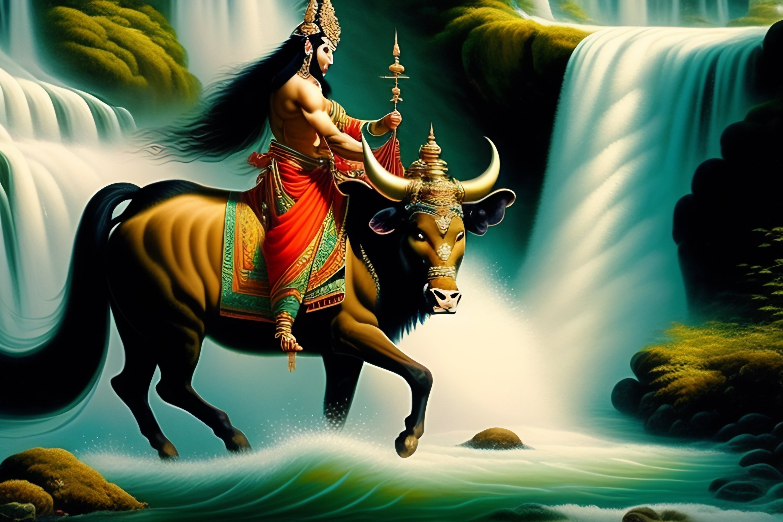 Lexica - Lord Shiva riding his bull under a waterfall. Japanese Art ...
