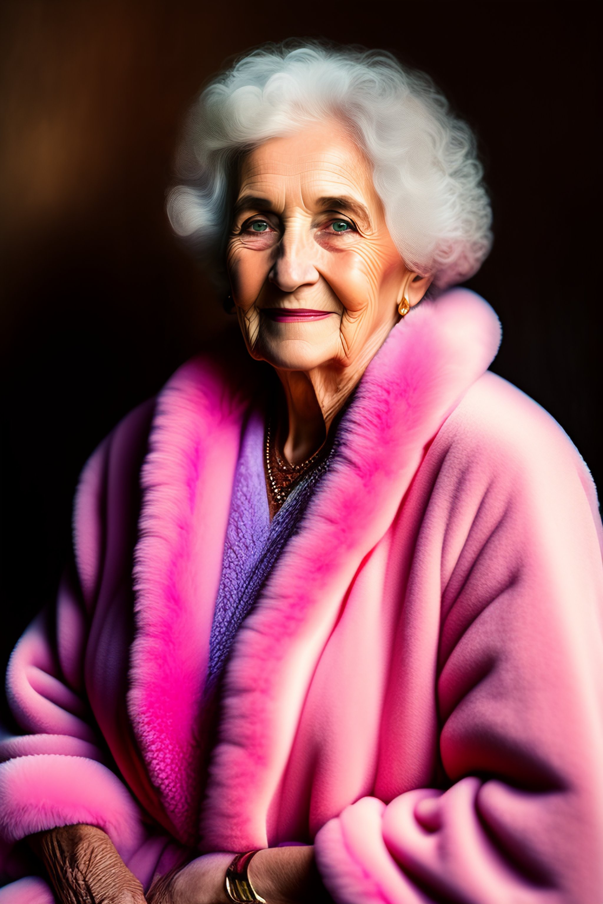 Lexica - Portrait of an old Jewish woman in a fluffy pink robe