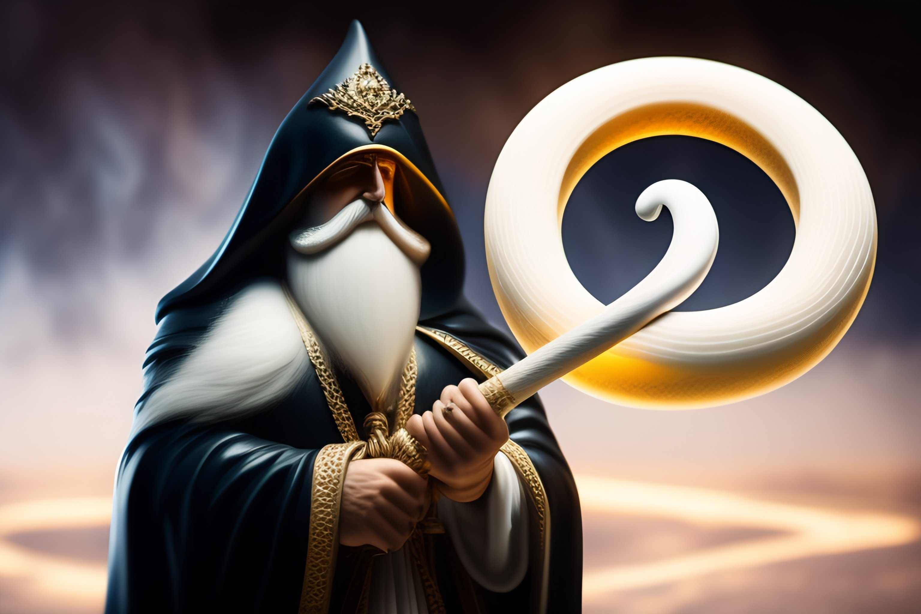 Lexica - One Greek wizard in dark robe hold a staff that has a white ...