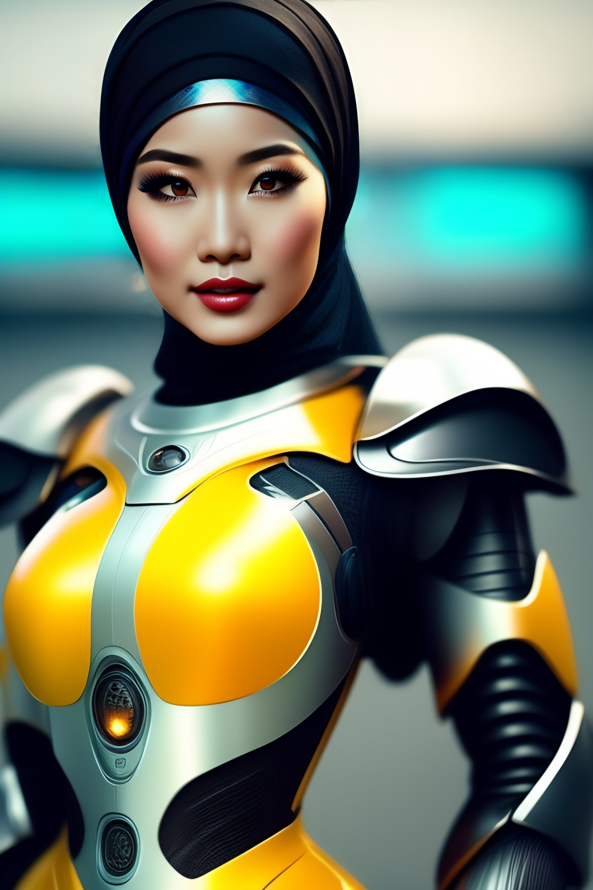 Lexica - Hijab girl half asian half arabs in futuristic robotic suit