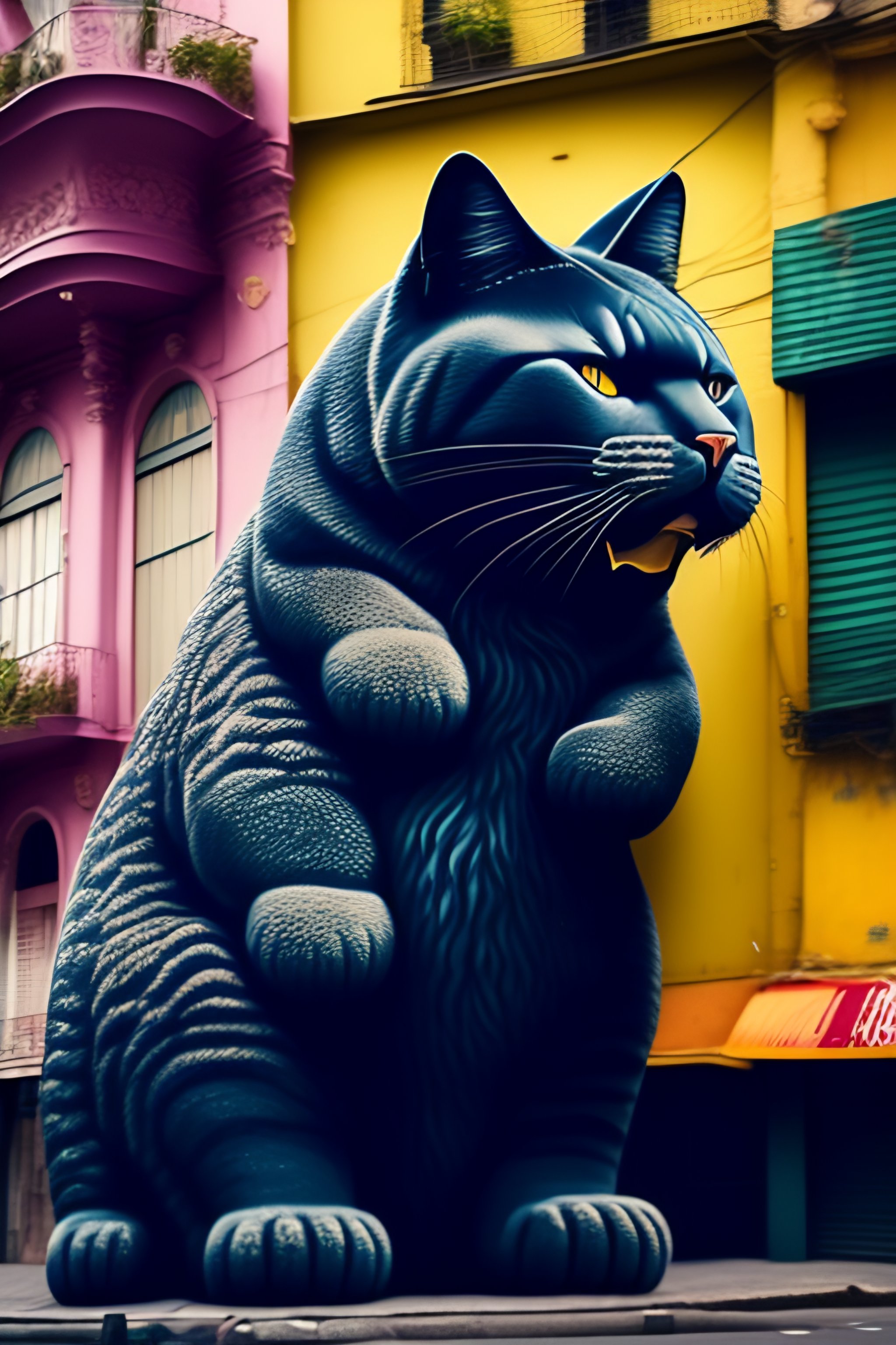 Lexica - A giant cat againts a godzilla in "la boca" buenos aires ...