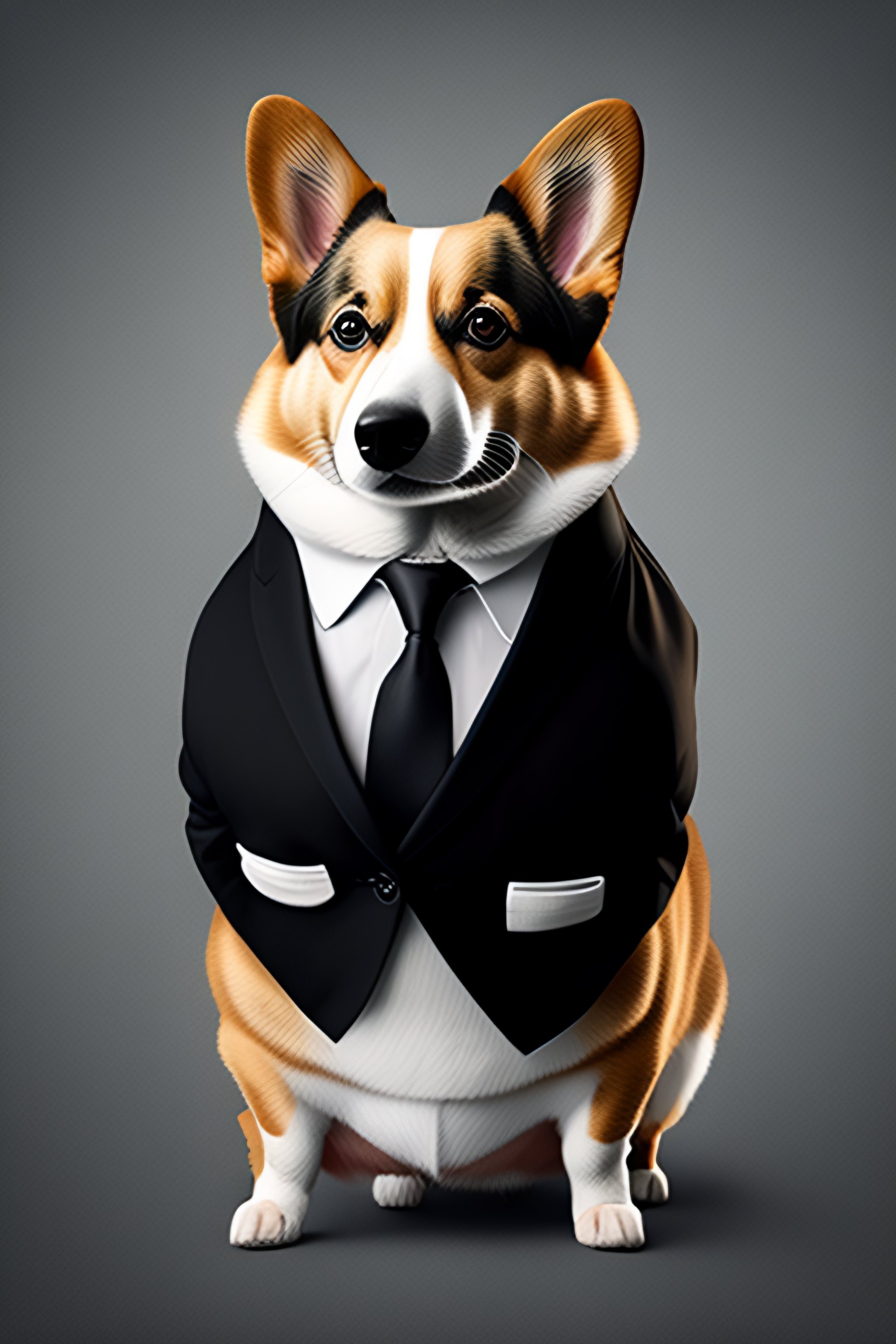 Lexica - Anthropomorphic corgi in a bodyguard black suit