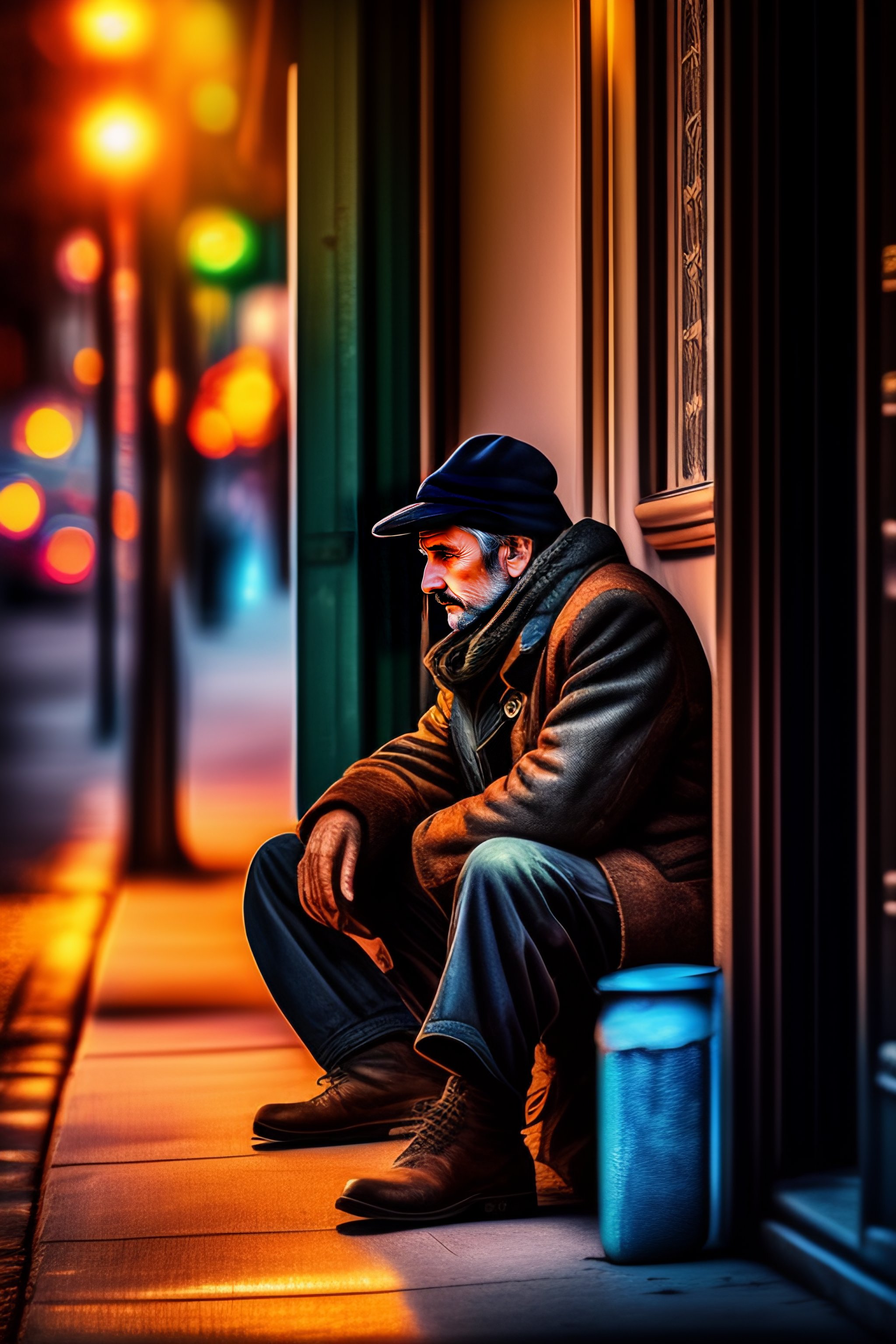 Lexica - Picture of a homeless man, deco style faded colors, bright ...