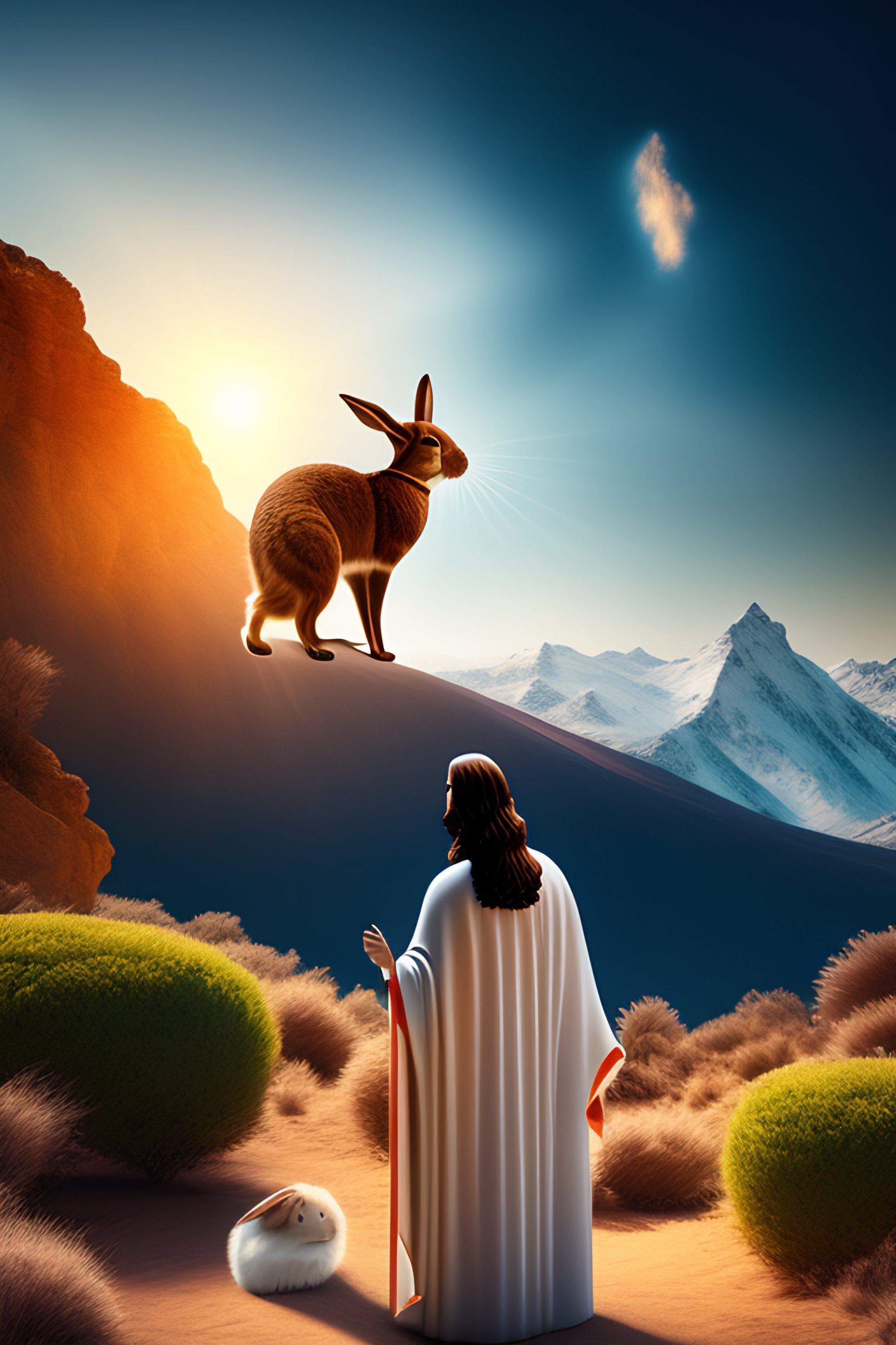 Lexica - Jesus waving to the rabbit with no, realistic photo, extremely ...